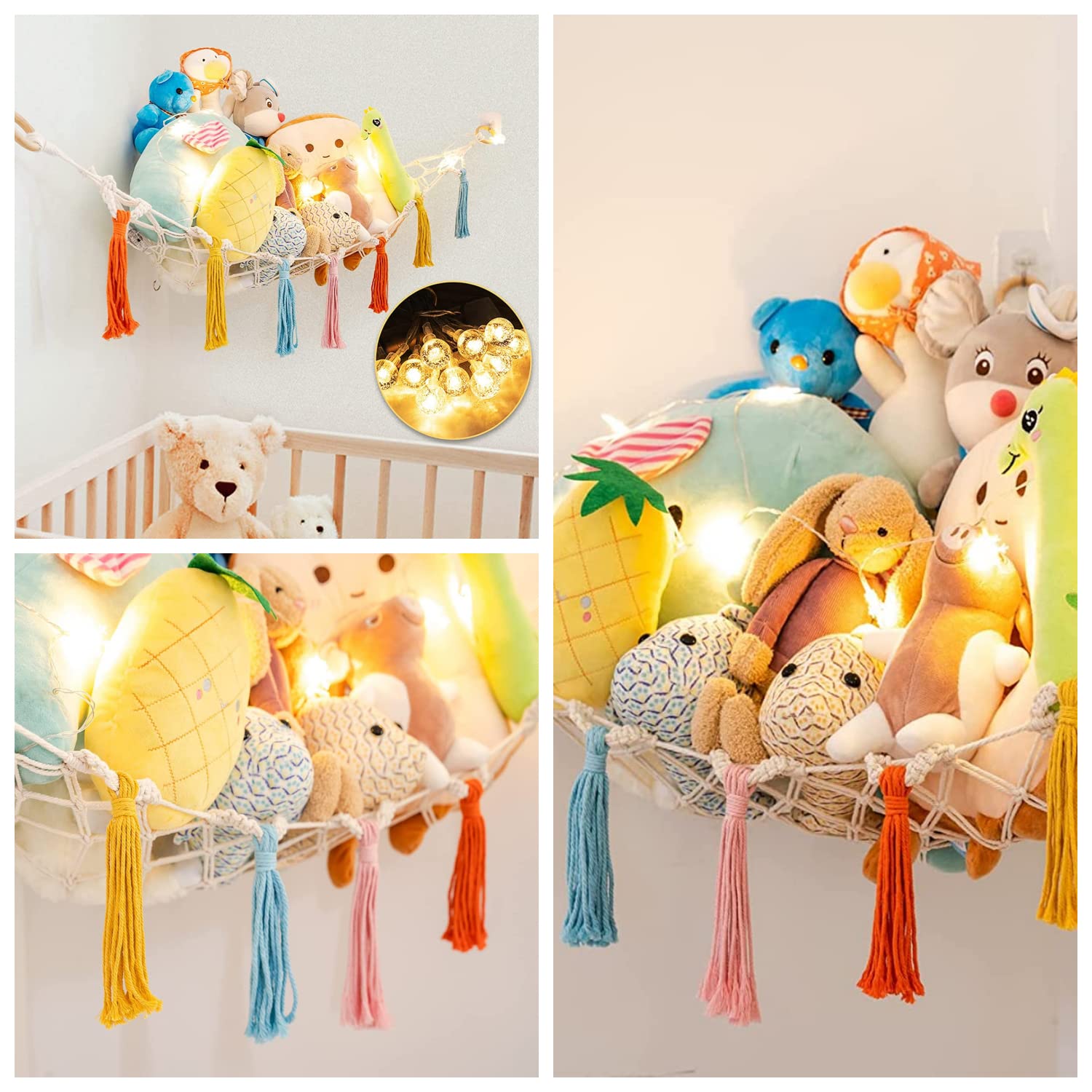 XIAOLAN Boho Stuffed Dolls Hammock Hanging Plush Toy Holder Boho Cotton Macrame Tassels Wall Storage Suitable for Bedroom Nursery