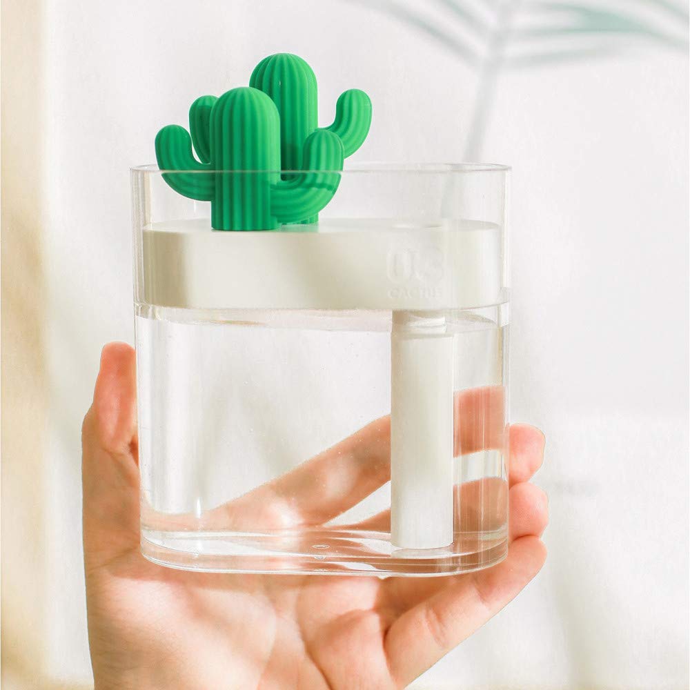 Mini USB Cool Mist Humidifiers, Cactus Humidifier with Night Light for Desk, 160ml Portable Air Diffuser for Bedroom, Office, Babies, Home, Travel, Waterless Auto-off …