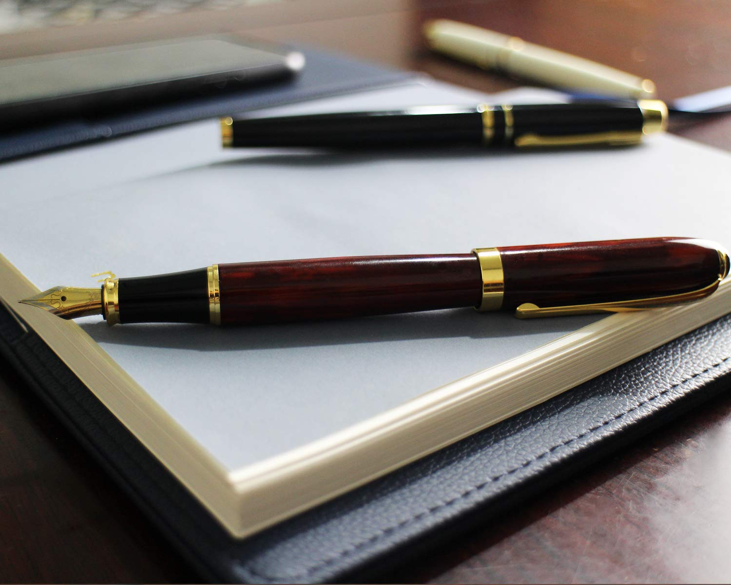 MiSiBao Luxury Fountain Pen Set with 6 Black Ink Cartridges and 1 Ballpoint Pen Refills - Smooth & Elegant Includes Gift Box (Black)
