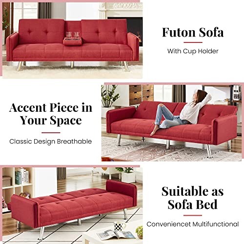 Lamerge Futon Sofa Bed,Convertible Upholstered Folding Sofa,Multi-Functional Sofa Couch for Compact Small Space,Apartment,Dorm,2 Cup Holders,72.4",Red (LFSB-R)