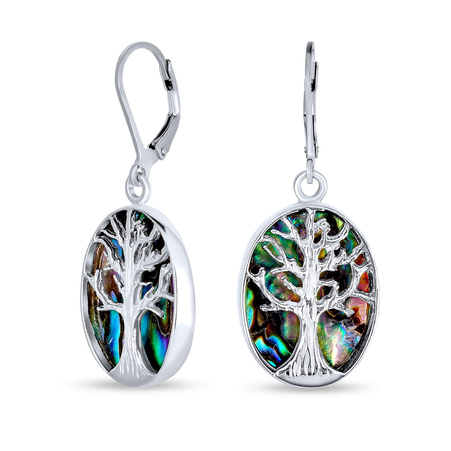 Large Oval Abalone Shell Lever Back Family Tree Of Life Dangle Earrings Western Jewelry For Women .925 Sterling Silver