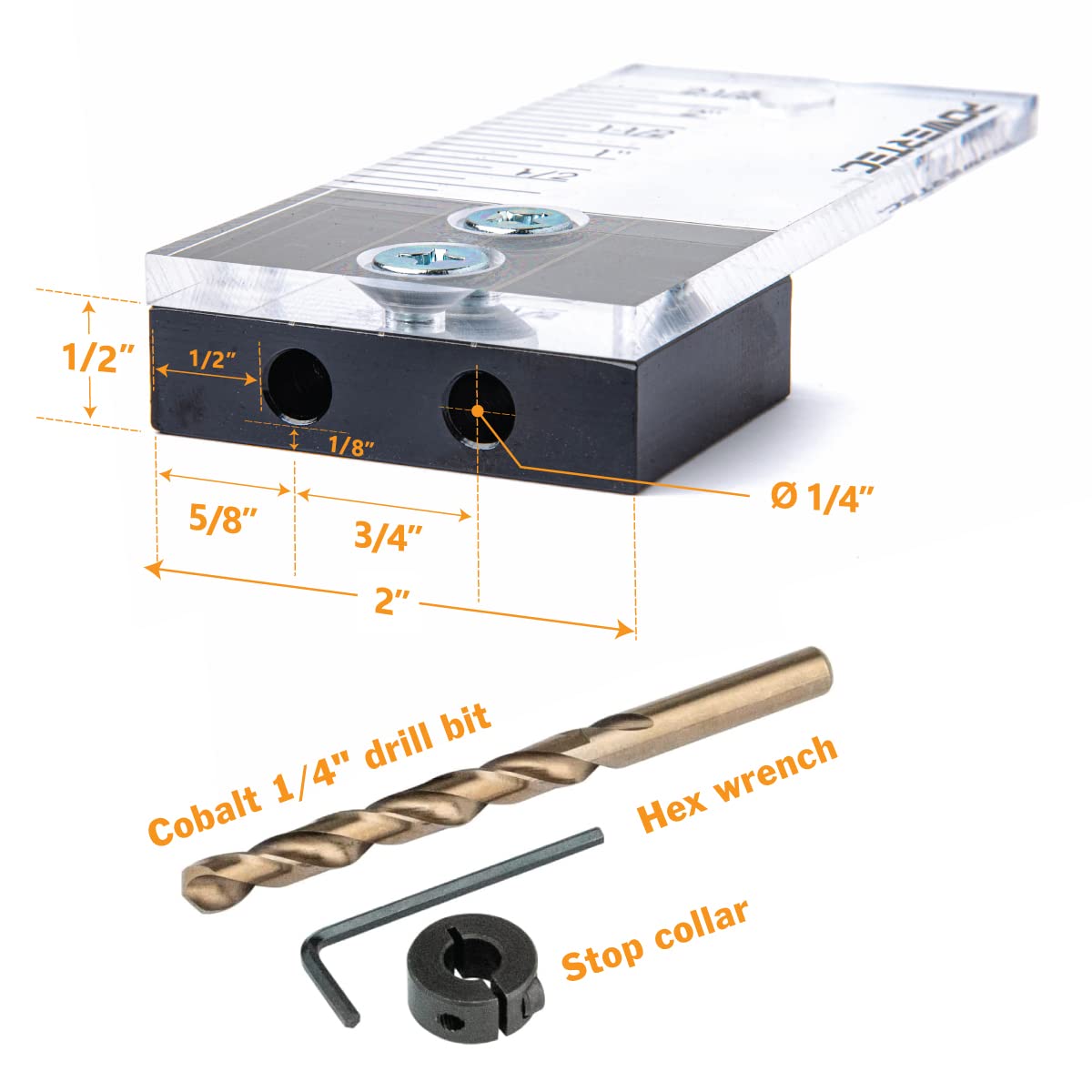 POWERTEC 71715 Dowel Drilling Jig with Depth Scale, Laser Cut Alignment Marker, Cobalt M-35 Drill Bit and Split Ring Stop Collar, 1/4-inch