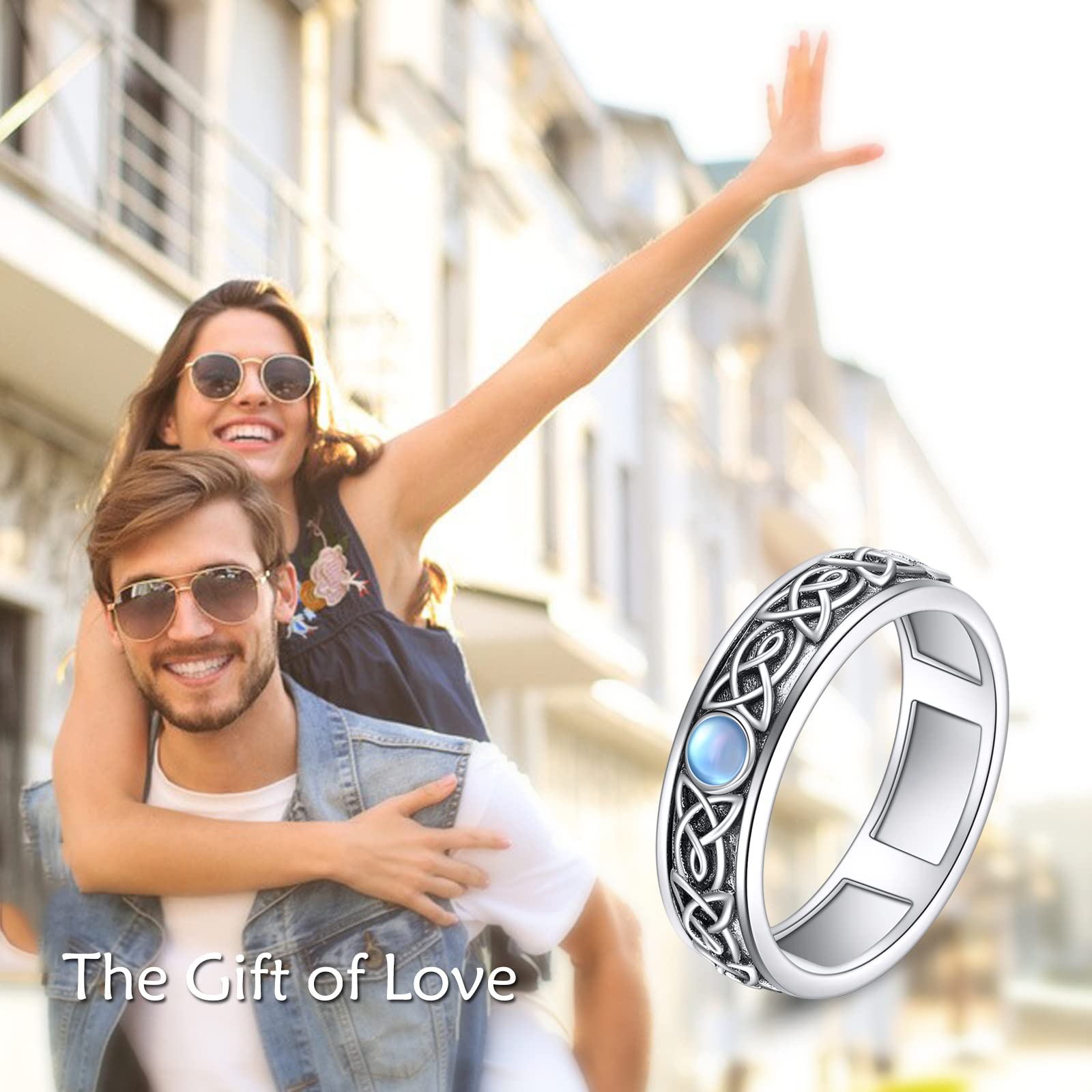 POPLYKE Sterling Silver Anxiety Spinner Rings Moonstone Celtic Ring Rotatable Mood Rings for Women Men Relieve Stress Gift(9 Size)