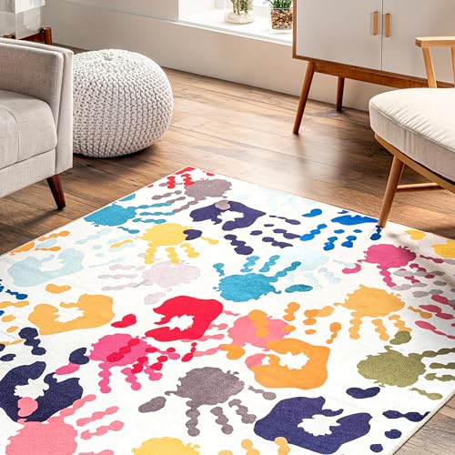 nuLOOM Pinkie Machine Washable Handprint Kids Ultra Thin Area Rug, 3' x 5', Multi