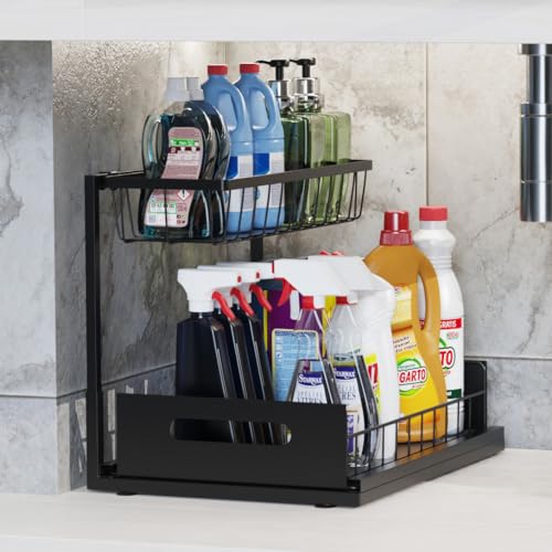NLBTW Under Sink Organizer and Storage, 2 Tier Bathroom Kitchen Cabinet Shelf Organizers Shelves Cleaning Supplies Organization with Pull-Out Sliding Drawer (Black)