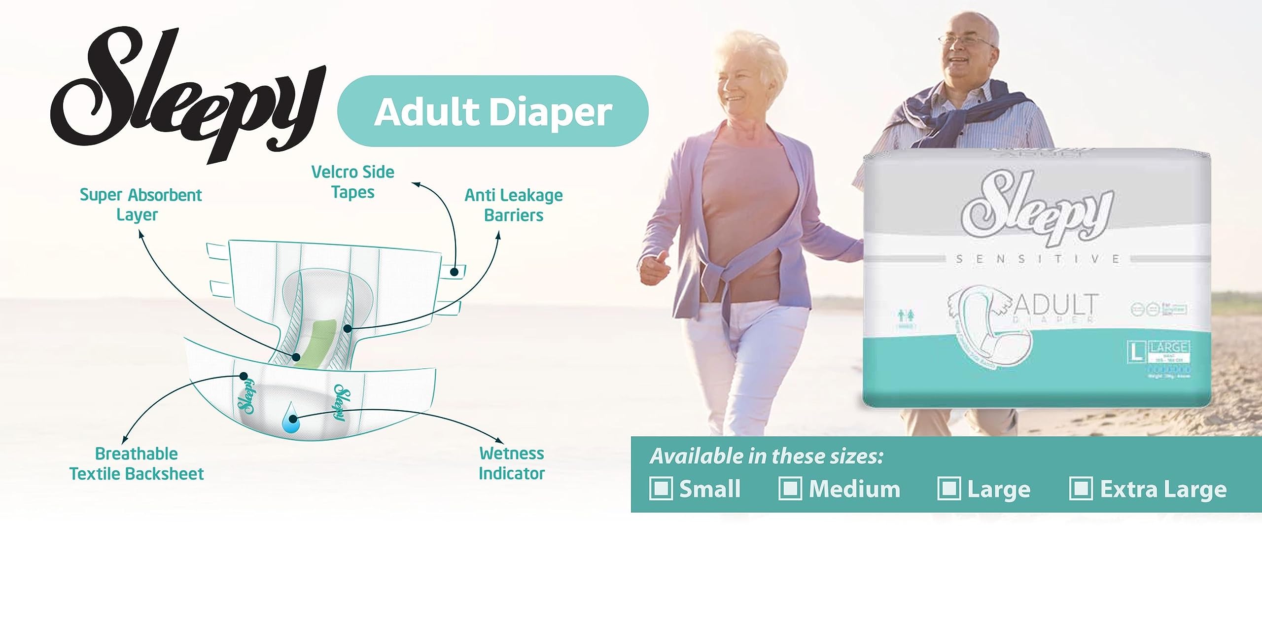 Sleepy Adult Diapers, Unisex for Sensitive Skin, Odour Control, Wetness Indicator, Comfortable &Adjustable, Maximum Absorbency & Leak Protection, X-Large- 120-160cm,Count-12PCs|SOHO
