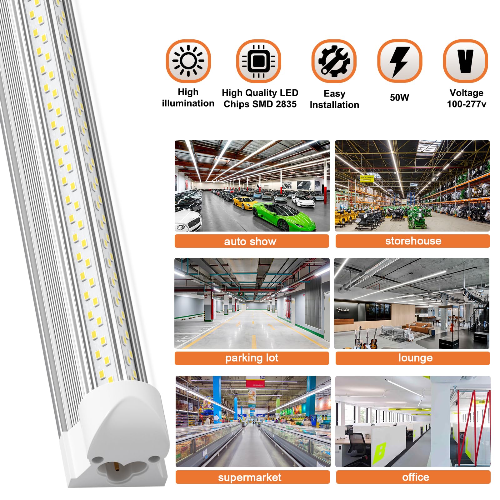 ONLYLUX 4ft led Shop Light - 45W 6750lm 5000K 4 Foot V Shape Integrated T8 led Lights,Linkable Shop Lights 48" T8 Garage Lights 8 Pack