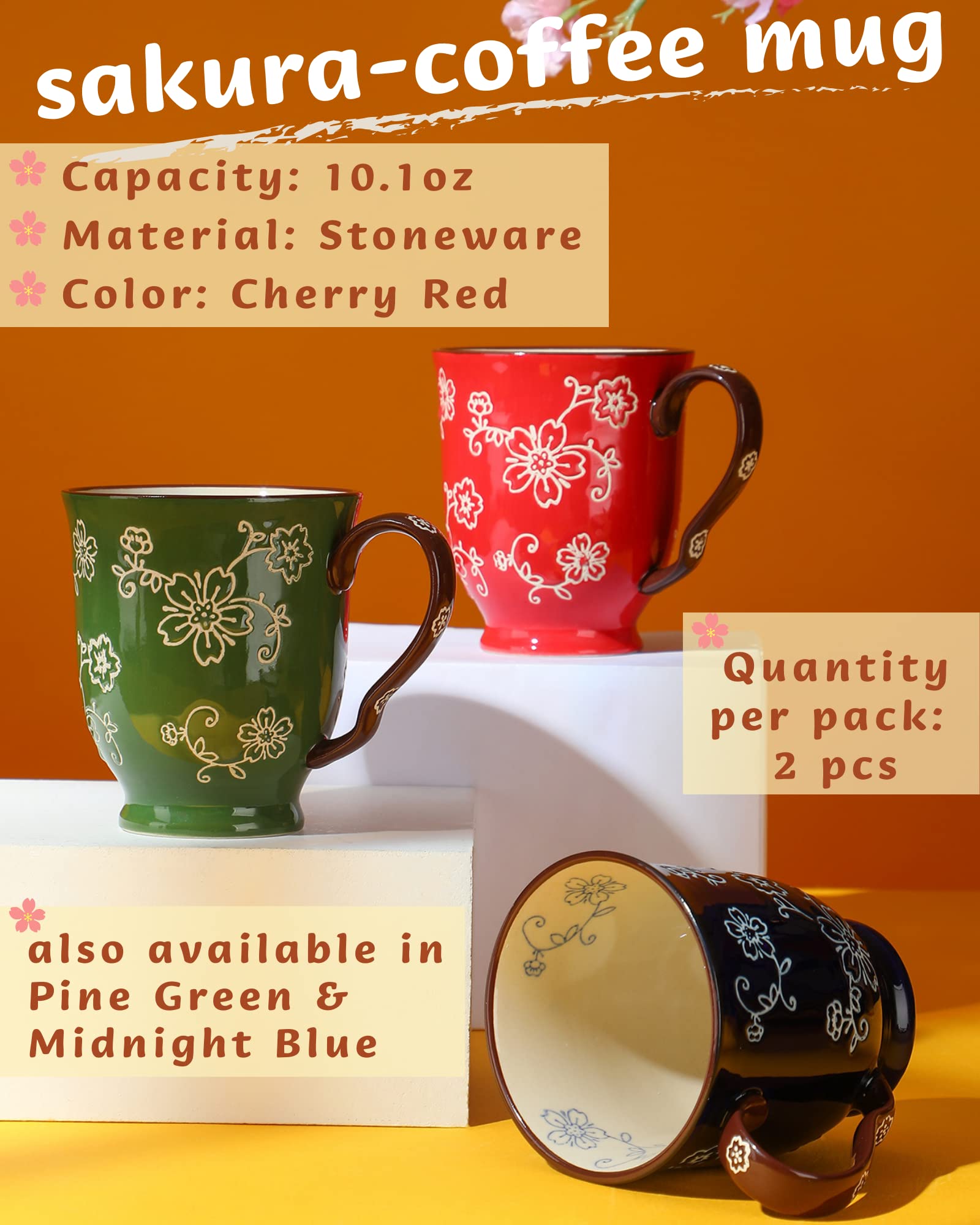 KUNABOO Artisanal Ceramic Mugs, Ceramic Coffee Cups, Coffee Mug Set of 2-11 oz -Sakura Floral Series Cherry Red - Ready to Wrap Gift