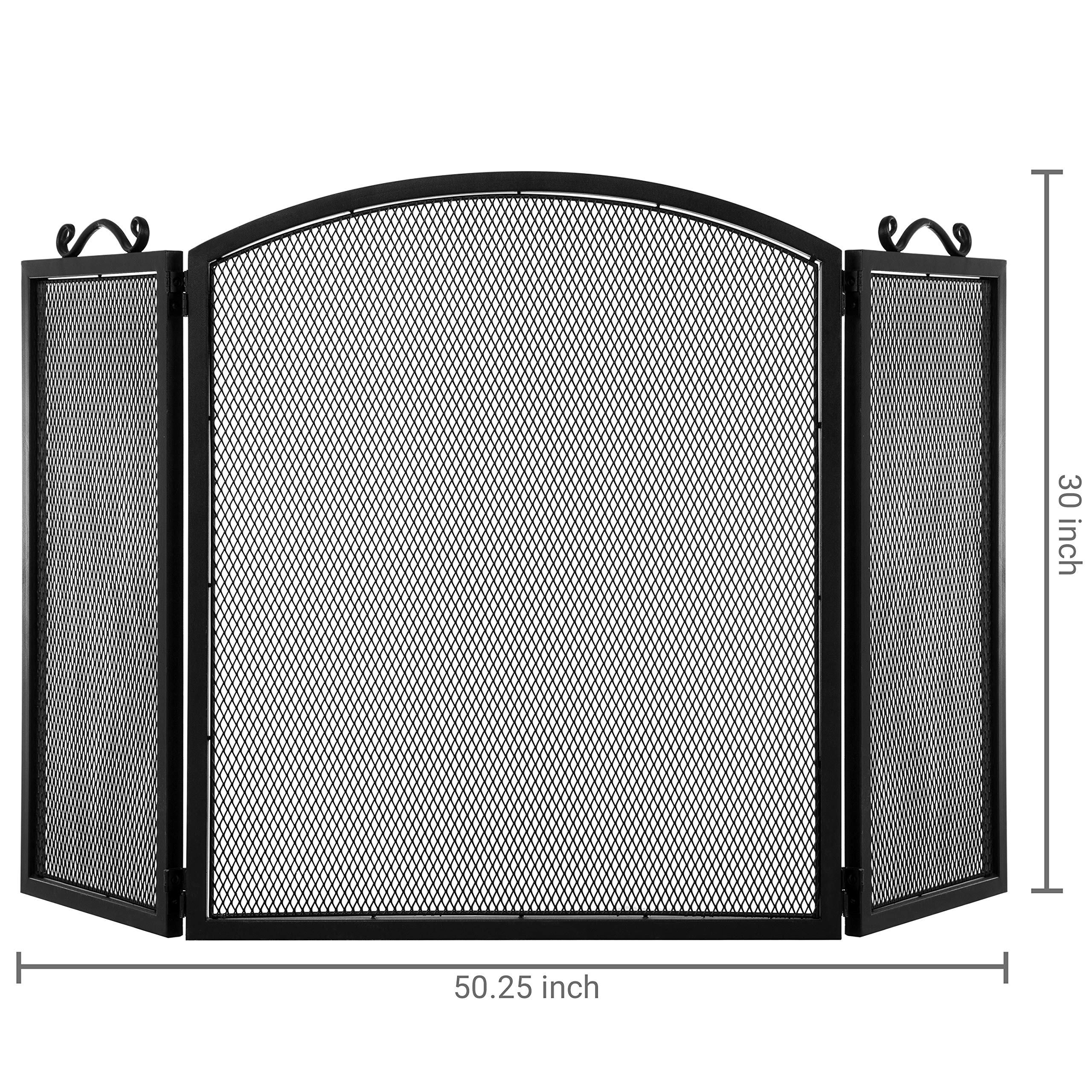 MyGift Black Metal Mesh Fireplace Cover, 3 Panel Folding Screen, Fireplace Grate with Vintage Scrollwork Handles