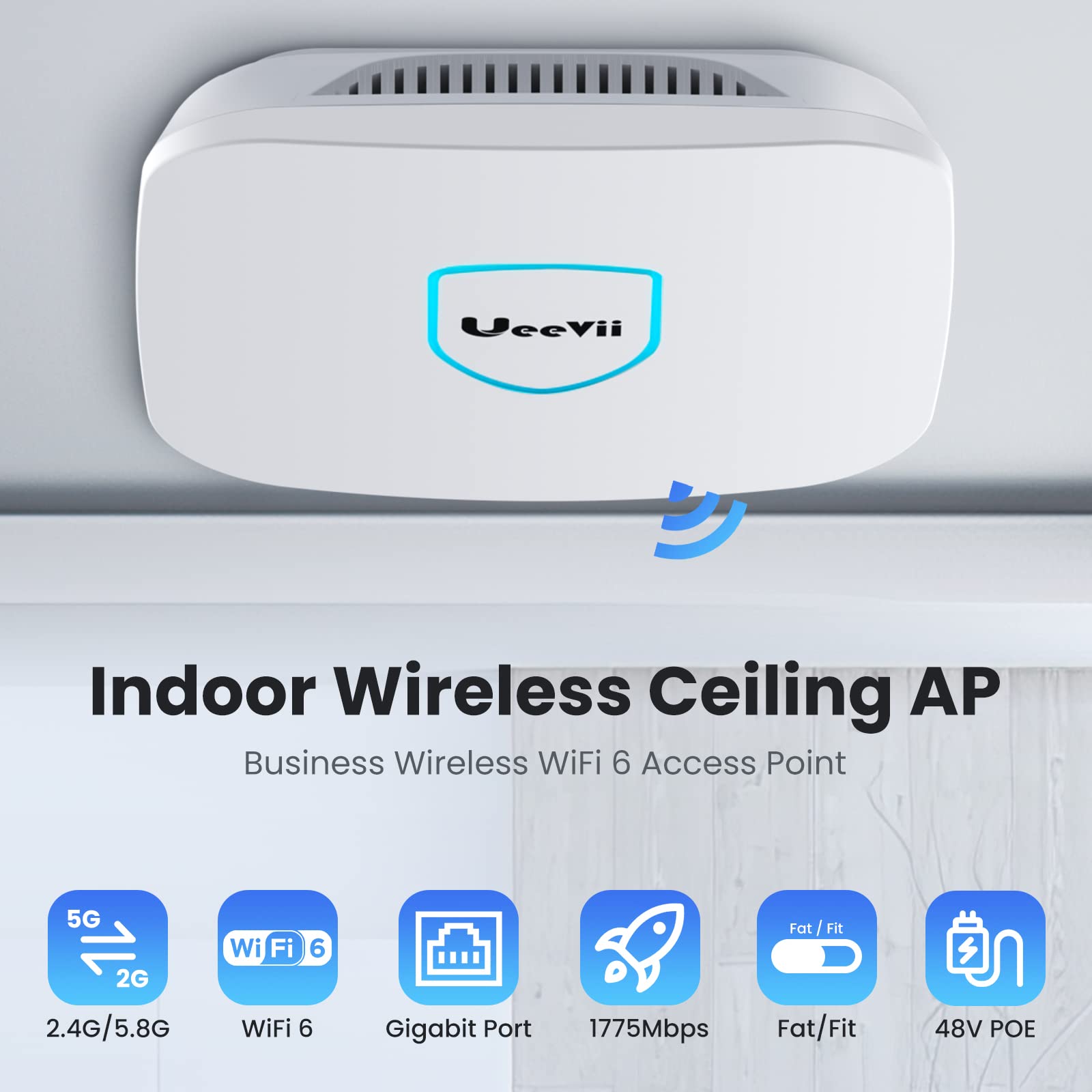 UeeVii WiFi 6 Access Point Indoor Ceiling | US Model | 48V PoE Adapter Included | 2.4G & 5.8G (UAP03)