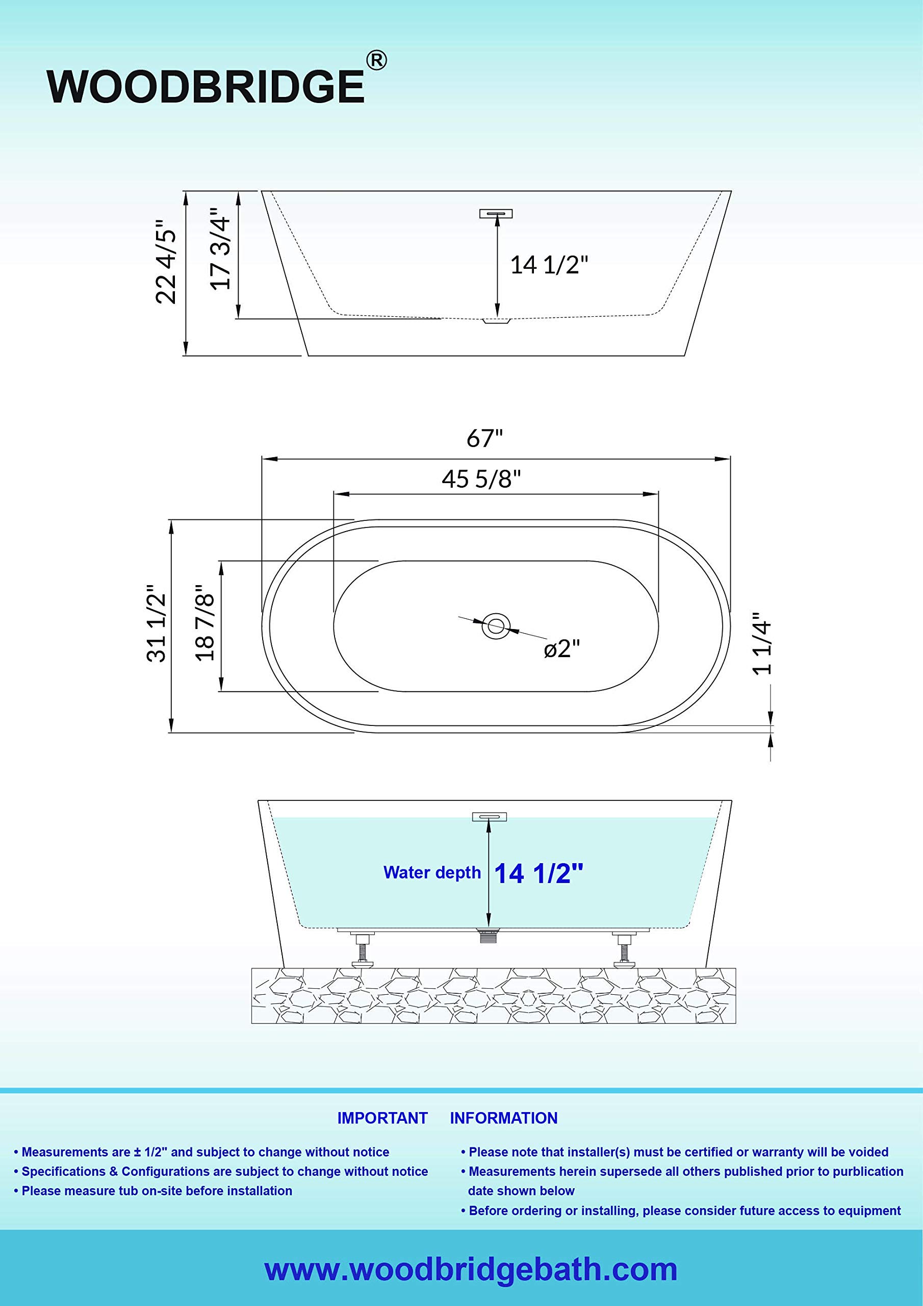 WOODBRIDGE 67" Acrylic Freestanding Bathtub Contemporary Soaking White Tub with Matte Black Overflow and Drain,B0013-MB