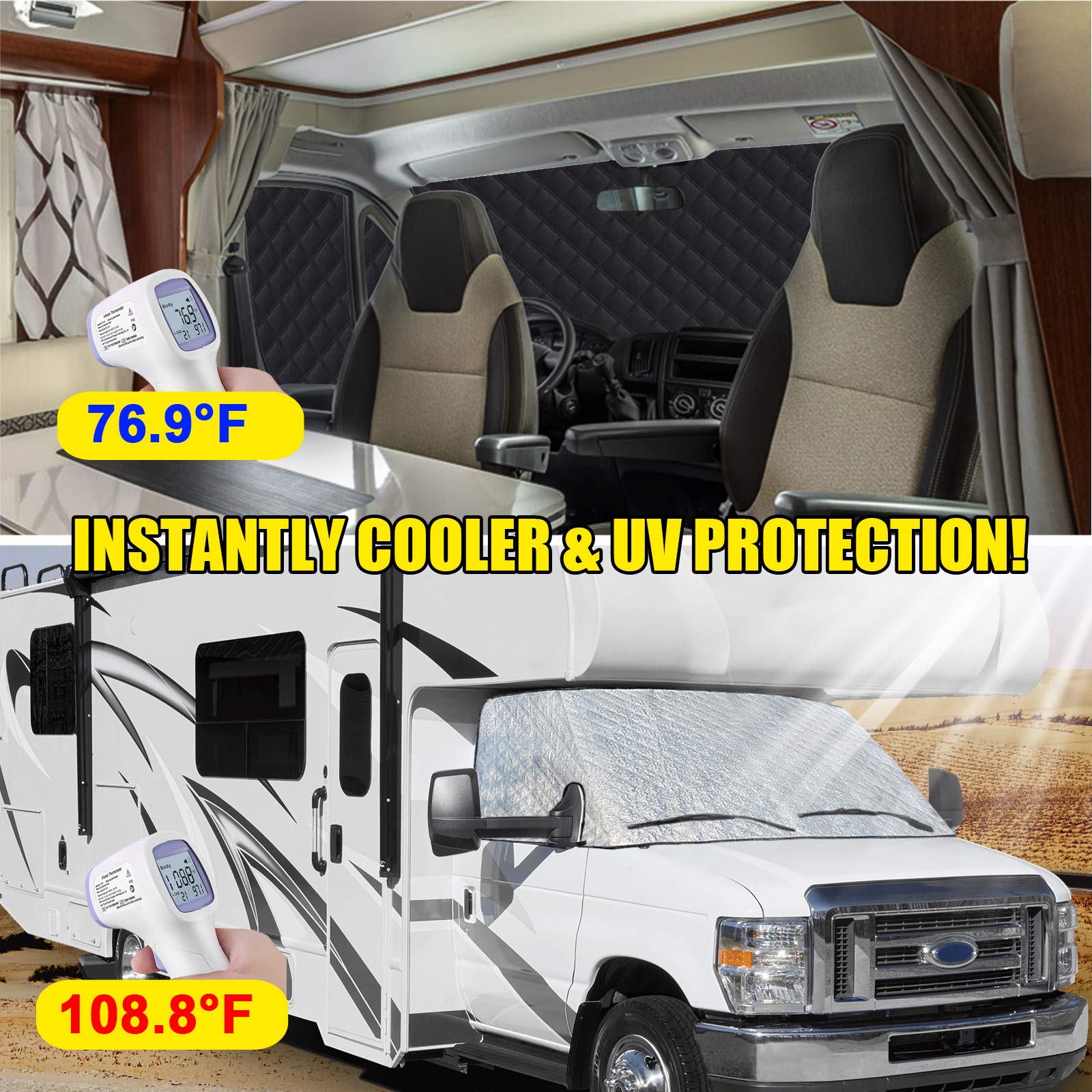 MOFEEZ RV Windshield Cover Compatible with Class C Ford 1997-2021, UV Block Offer Complete Privacy with Light Preserves Interior (White Color with Mirror Cutouts)