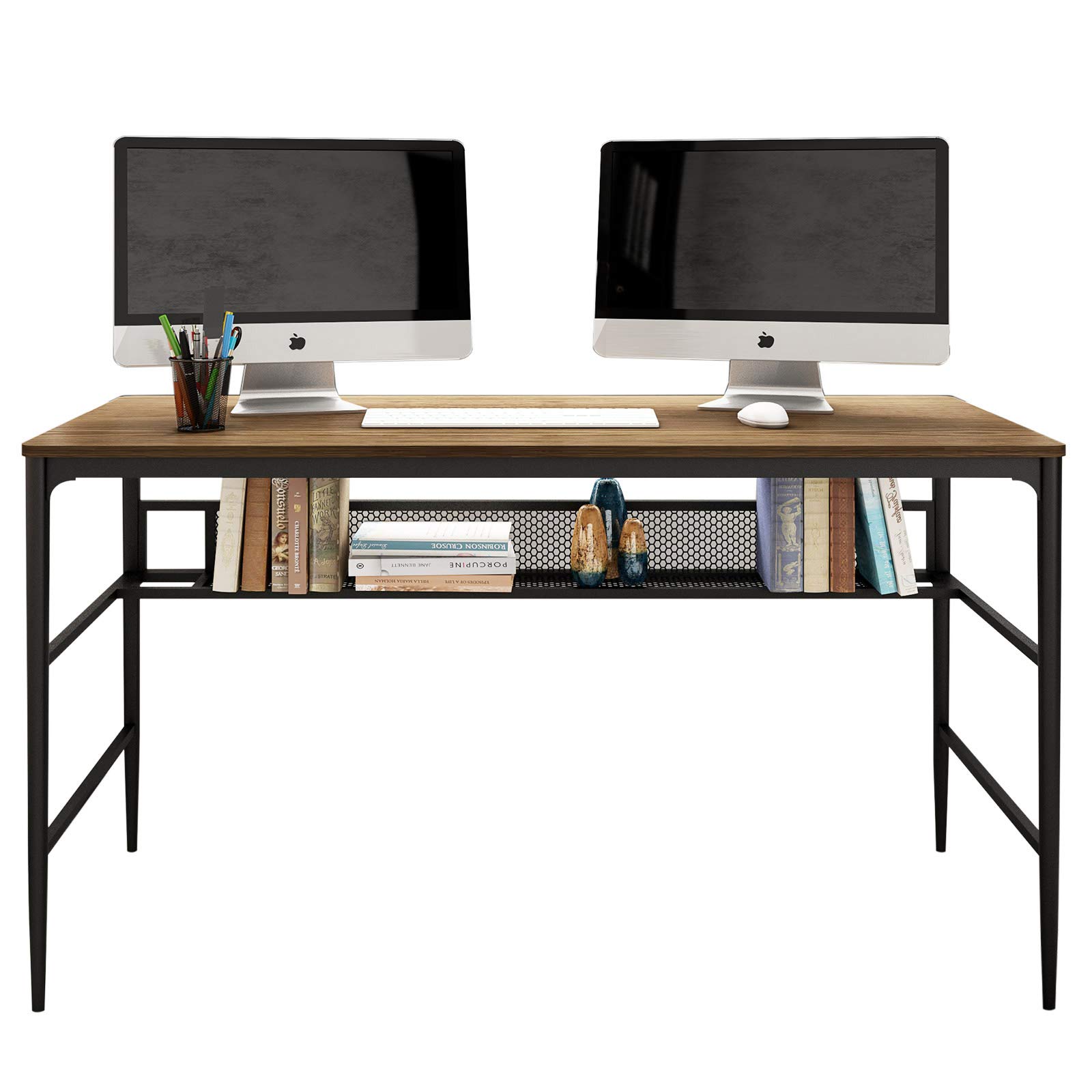 O&K FURNITURE Computer Desk with Book Shelf,55 Inch Study Writing Table, PC Laptop Desk for Home Office Workstation,Rustic Brown