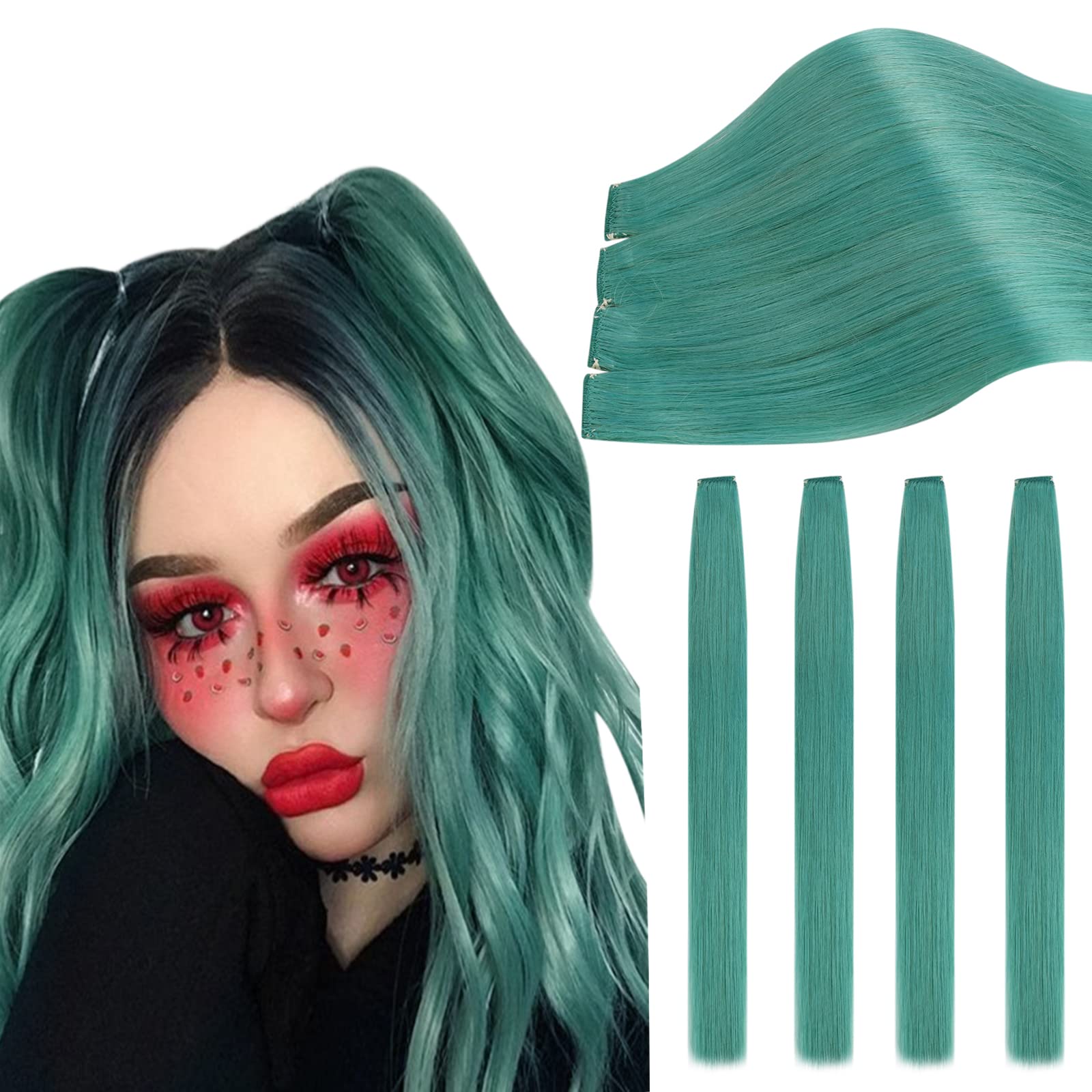 Ugeat Clip in Extensions 12 Inch Real Human Hair Extensions Teal Hair Extensions Clip in 16 Grams Per Pack Colored Clip in Hair Extensions 4Pcs
