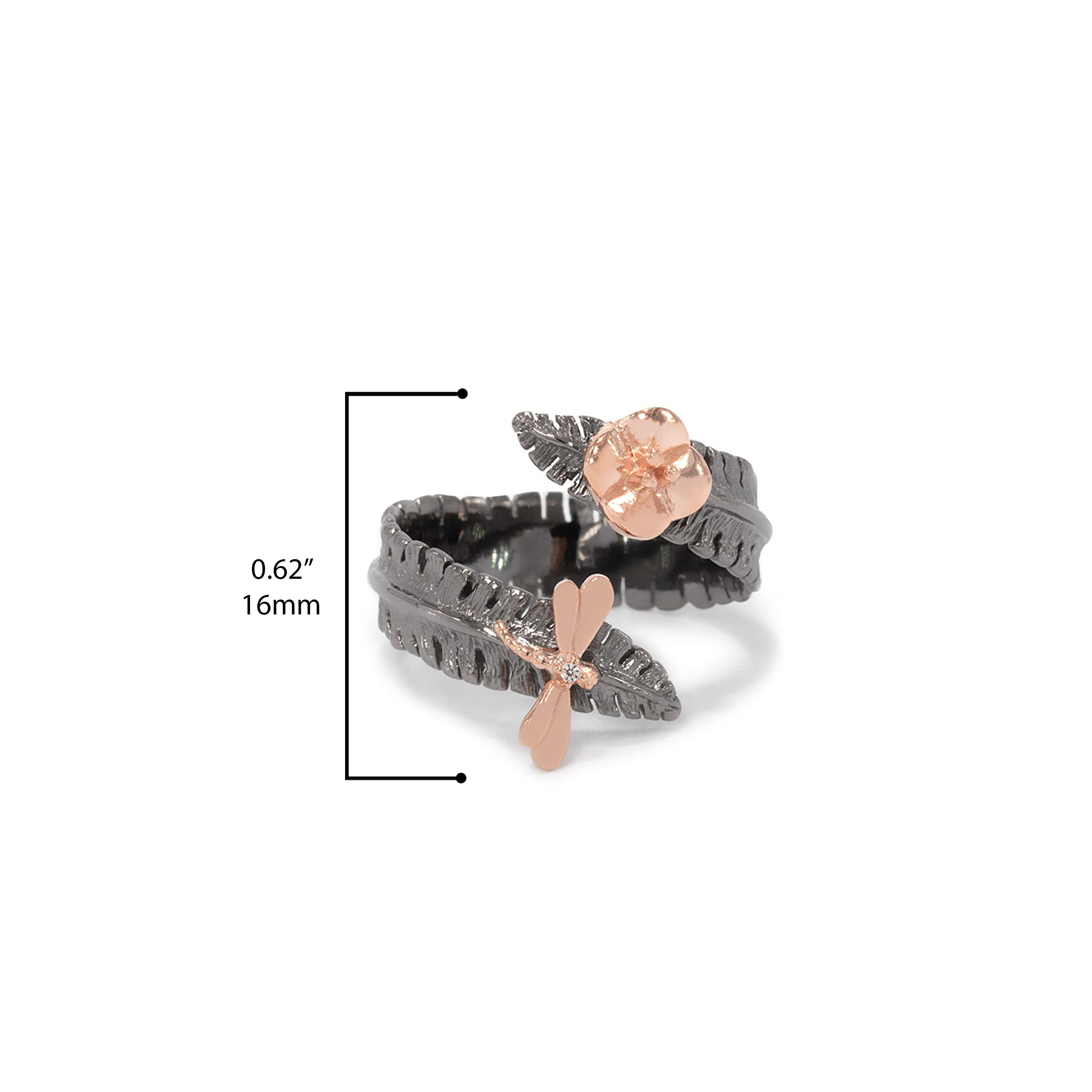 New Beginnings by Janyl Adair - Black Rhodium & Rose Gold Plated .925 Sterling Silver White Zircon 5/8" Flower & Dragonfly Fern Leaf Bypass Style Statement Ring - Size 10