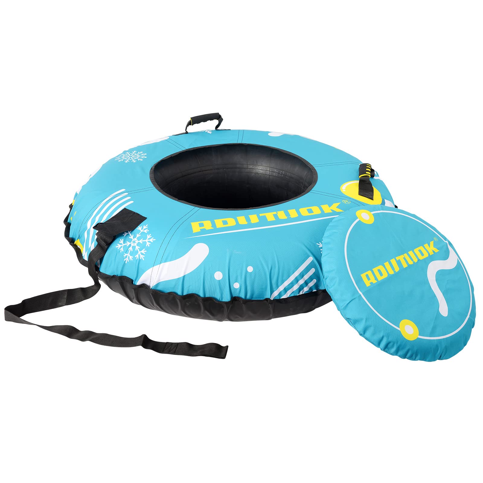 Rdutuok 47 Inch Inflatable Heavy Duty Snow Tube with Premium Canvas Cover and Nylon Tow Strap Safety Cushion Snow Tubes for Sledding