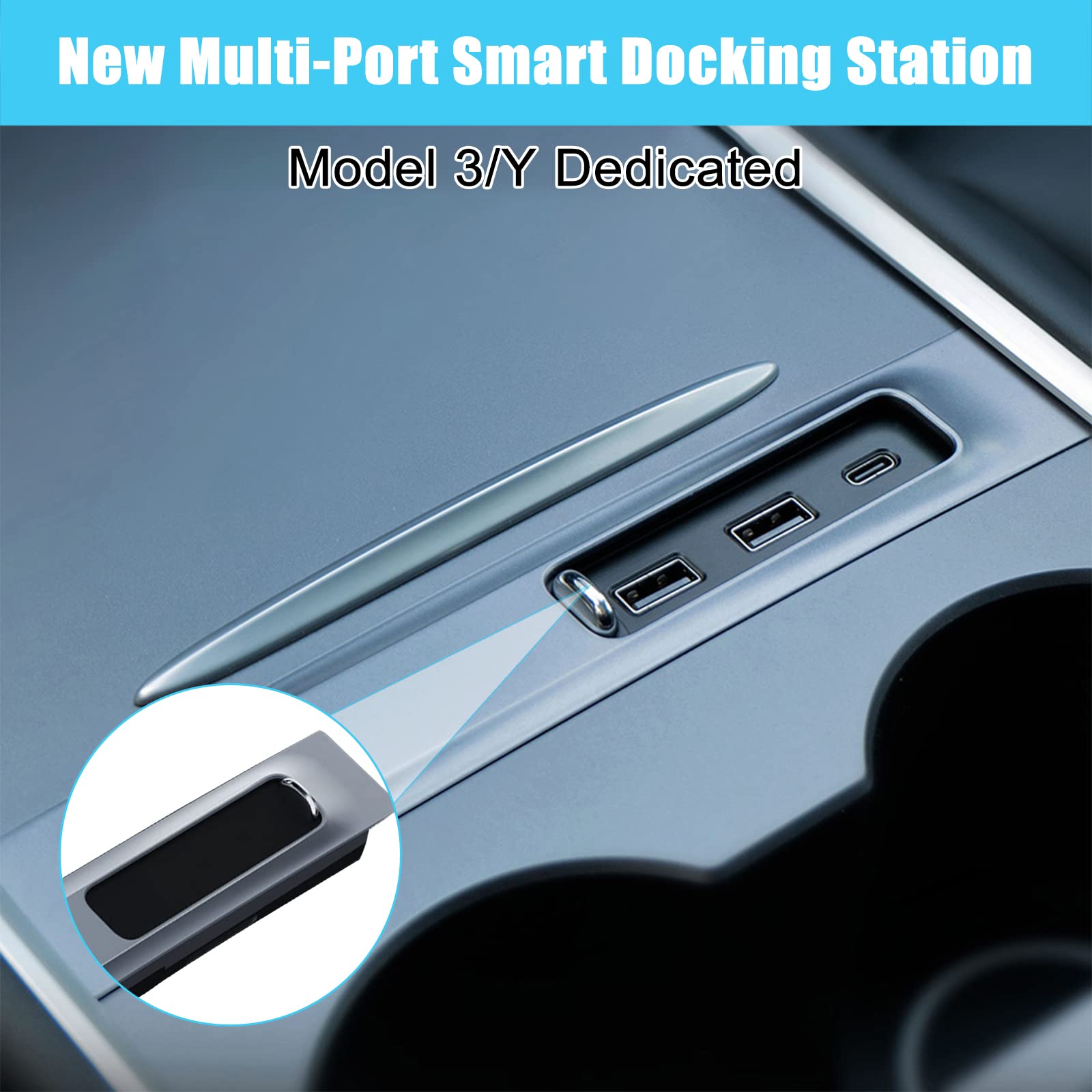 USB Hub Docking Station Compatible with Tesla Model 3 Model Y 2021 2022, Smart Center Console Slide Cover, Charger Adapter, Splitter Extension Accessories with PD Fast Charge Port and Automatic Light