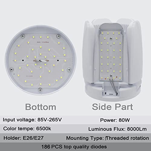 YWD 80W LED Garage Lights (800W Equivalent) 8000LM E26/E27 Daylight 6500K Super Bright Garage Light Adjustable Garage Light for Garage,Workbench,Barn,Warehouse … …