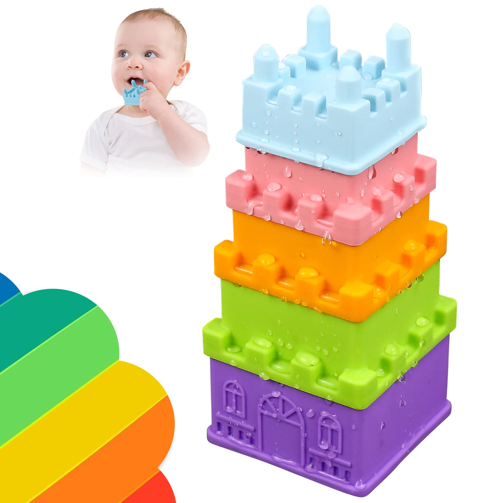 Ryfan Stacking Cups,Stacking Toys for Toddlers 1-3 Year,Baby Toys,5 Pcs Soft Silicone Building Blocks | Teethers | Early Educational Learning Stacking Tower,As a Gift, Baby Blocks are Perfect for Kid