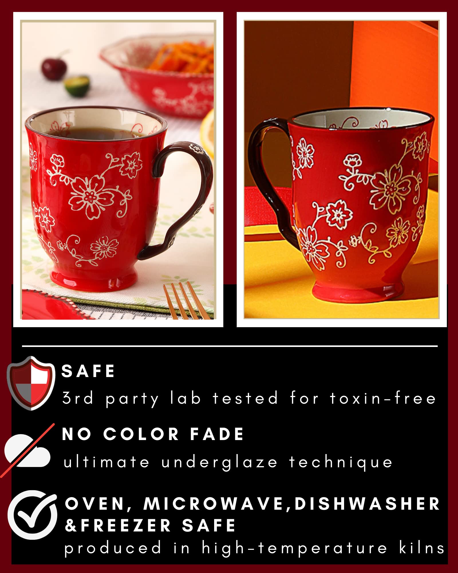 KUNABOO Artisanal Ceramic Mugs, Ceramic Coffee Cups, Coffee Mug Set of 2-11 oz -Sakura Floral Series Cherry Red - Ready to Wrap Gift