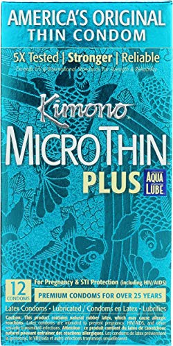 Kimono Microthin Plus - Premium Lubricated Natural Latex Condoms, Ultra Thin with Extra Moisture and AquaLube, Vegan-Friendly, No Latex Odor - Enhanced Sensitivity - Pack of 12