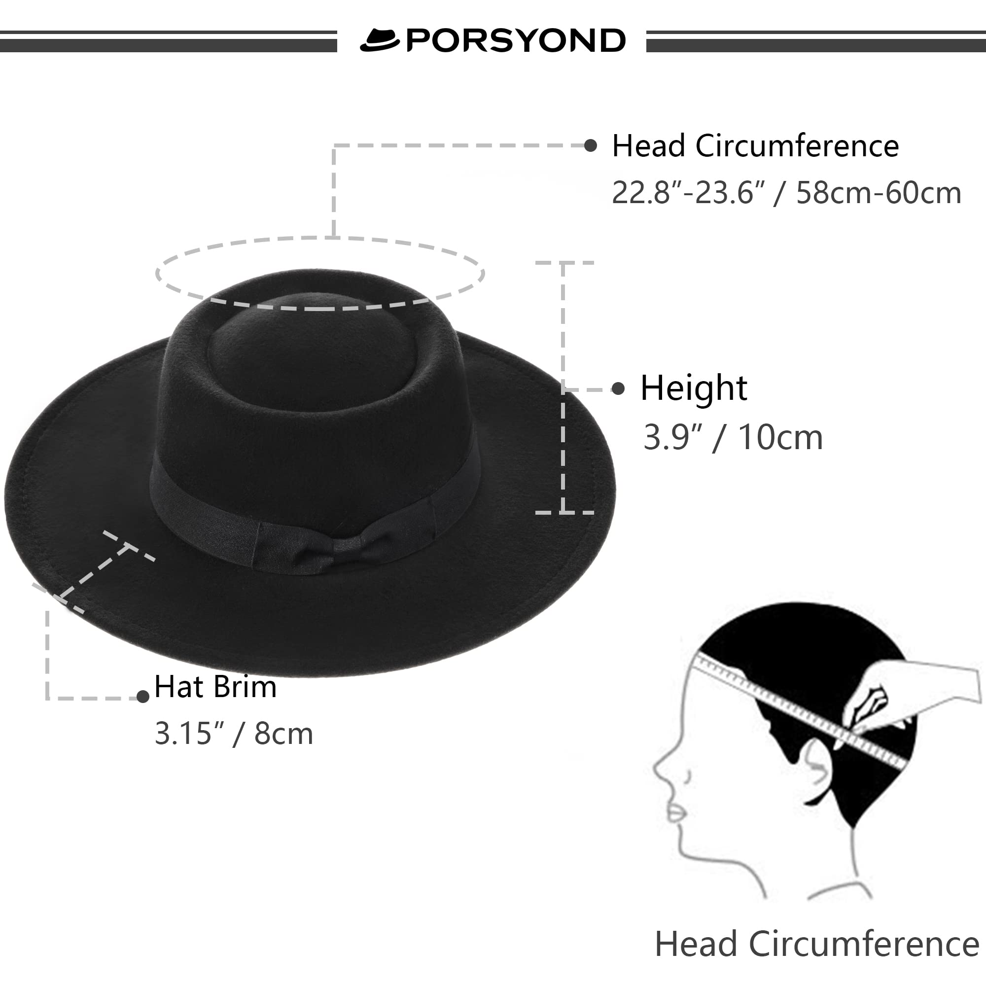 PORSYOND Wide Brim Felt Fedora Hat Men Women Panama Jazz Hat Trilby Hat with Bowknot Band (Black)