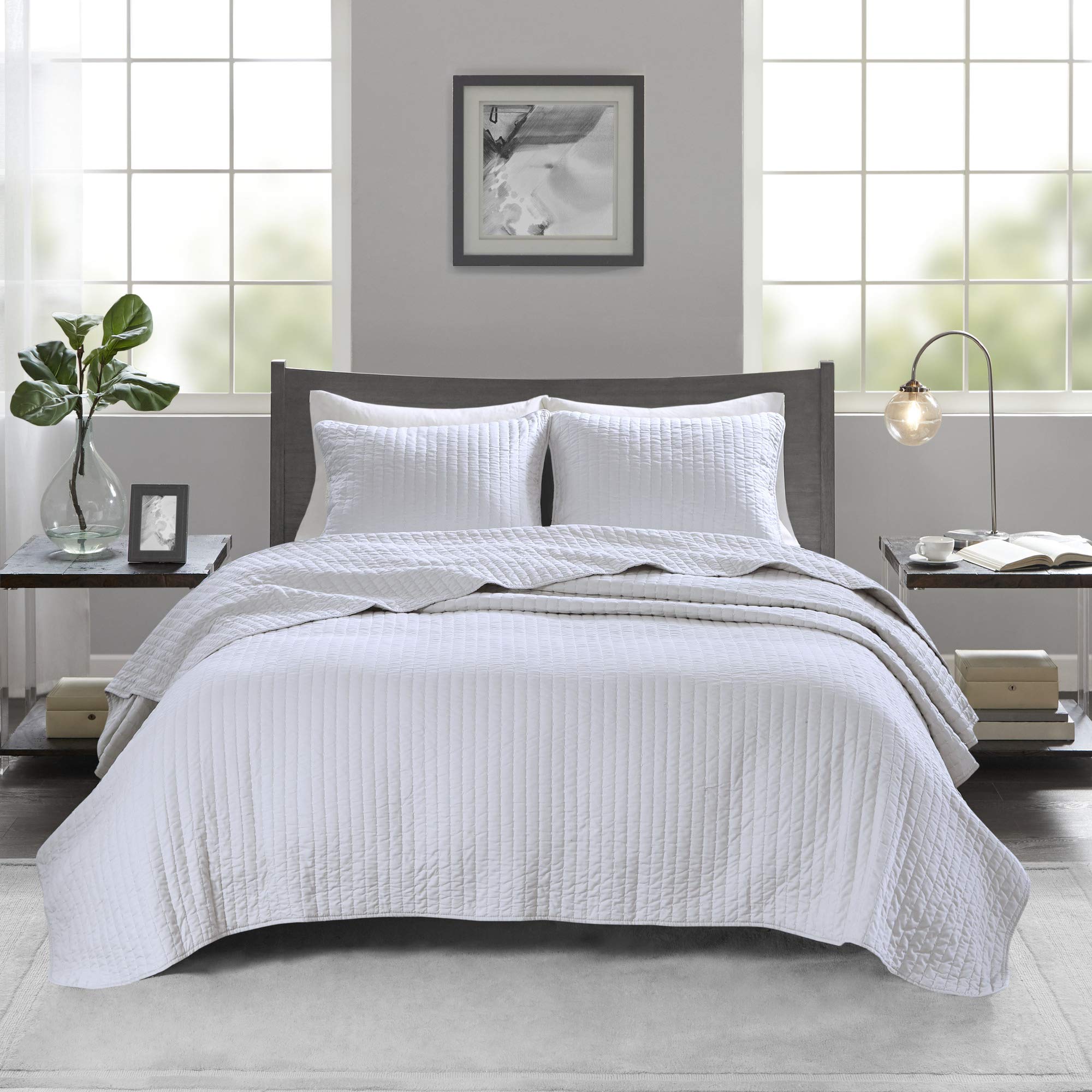 Madison Park Keaton Quilt Set-Casual Channel Stitching Design All Season, Lightweight Coverlet Bedspread Bedding, Shams, Twin/Twin XL(68"x90"), Stripe White, 2 Piece