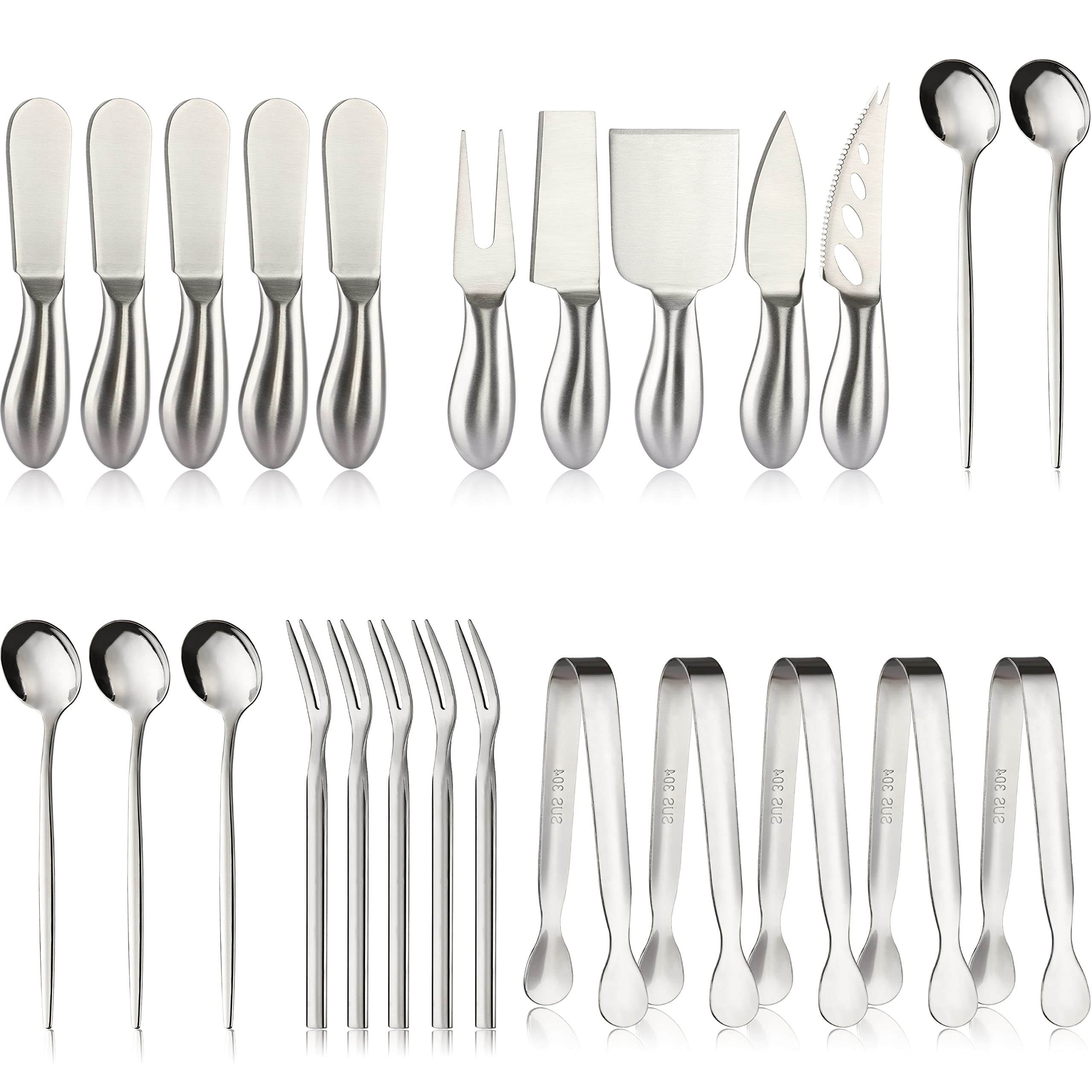 Spreader Knife Set Cheese Butter Spreader Knife Set Stainless Steel Cheese Butter Slicer Knives Cheese Spatula Set with Mini Serving Tongs Spoons Forks for Birthday Wedding Christmas (25)