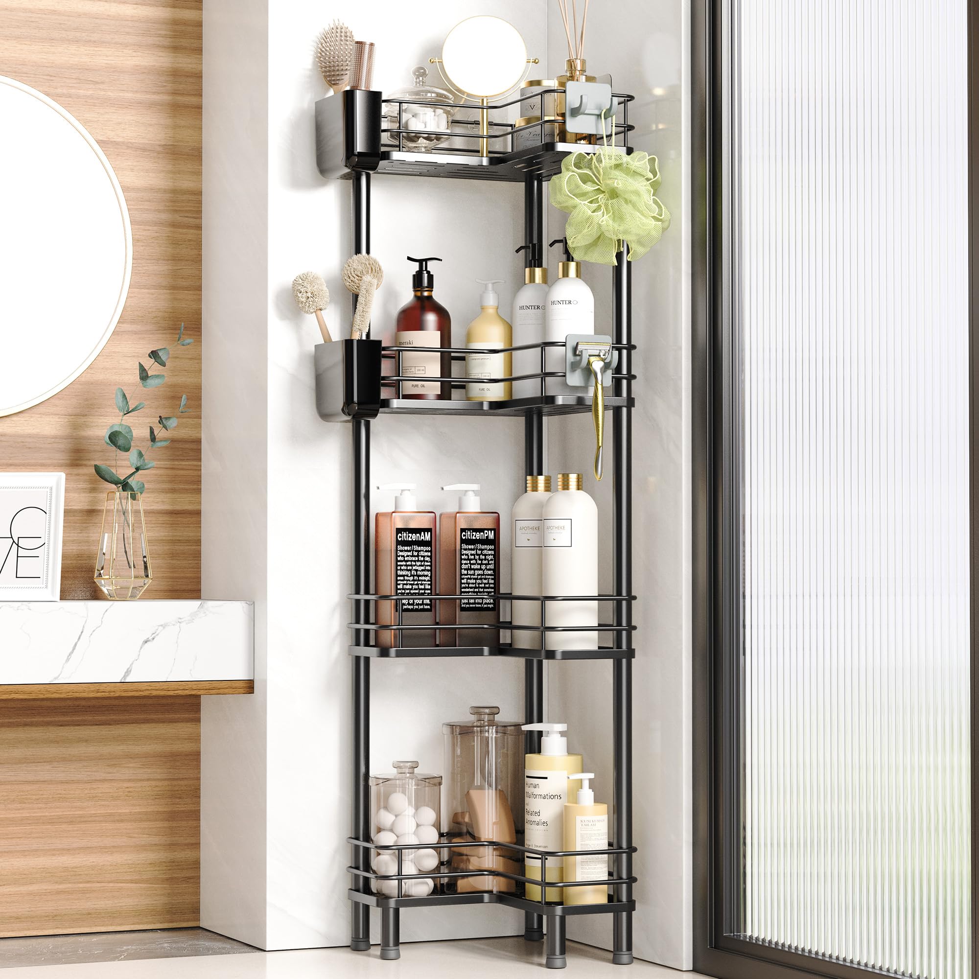 Vetacsion Corner Shower Caddy with Toothbrush Shelves, 4 Tier Standing Rustproof Shower Organizer, Metal Floor Shower Shelves for Bathroom Storage
