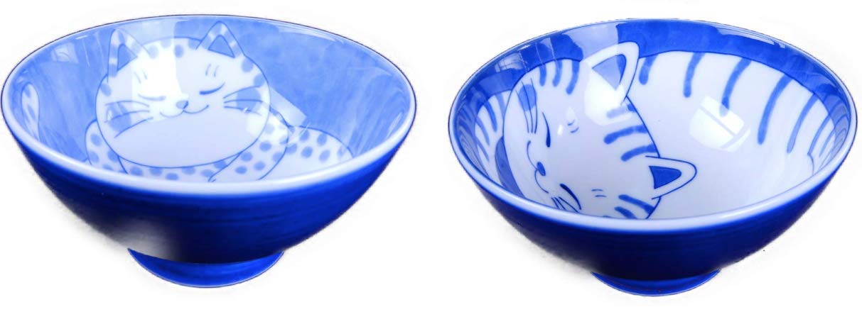Set of 2 Japanese Rice Bowls, Cute Cats Design Buchi and Tora Bicolor and Tabby Porcelain Bowls