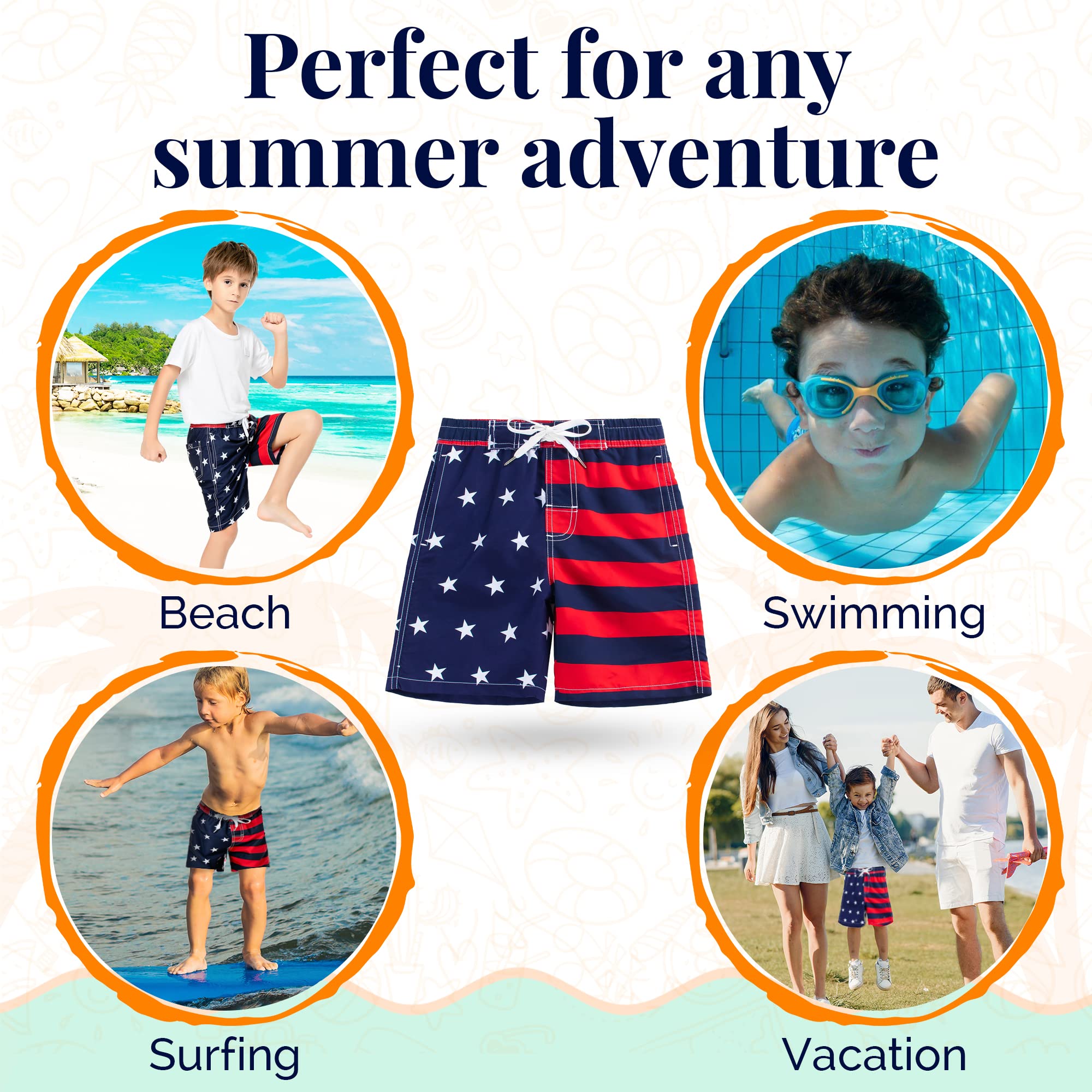 Kute 'n' Koo Boys Swim Trunks, Quick Dry Boys Boardshorts, Boys Bathing Suit Sizes from 2T to 18/20