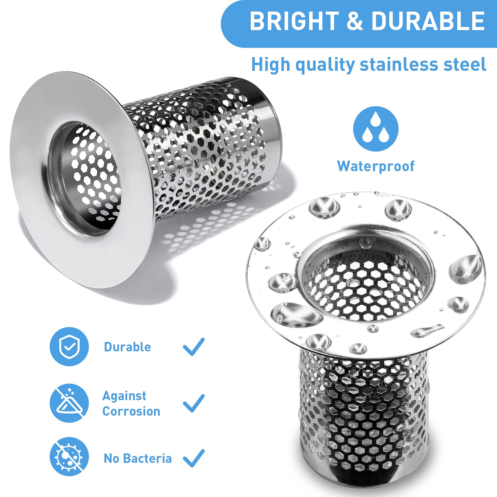 Mestream 2PCS Bathroom Sink Drain Strainers, for Diameter 1.3"-1.6" (Depth Than 2") Drain Hole, Small Cylinder Porous Hair Catcher, Premium Stainless Steel Drainer Filter, (1.1")