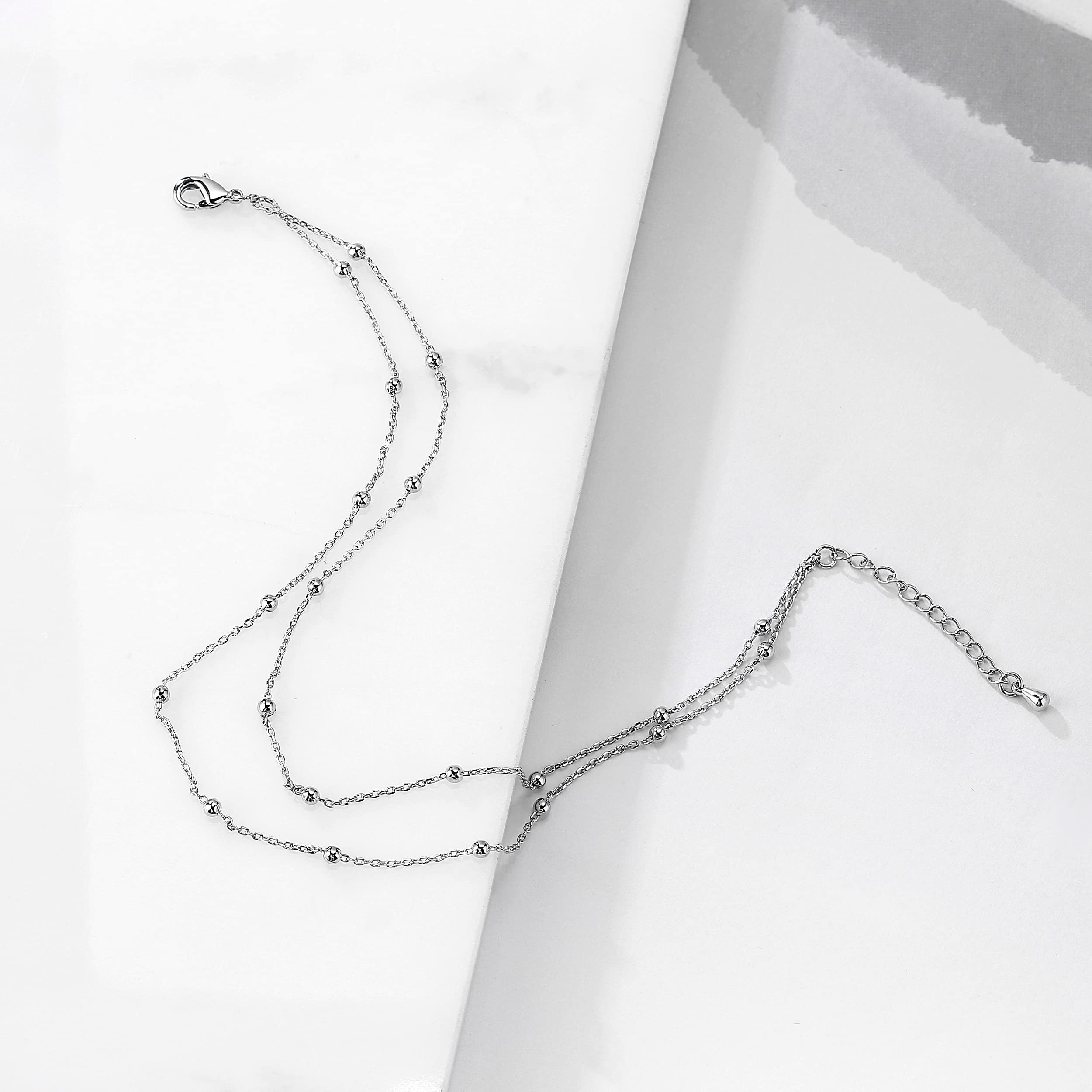 Pencros Dainty Layered Anklet,14K Gold Filled Cute Beads Satellite Chain Heart Boho Adjustable Anklets for Women Teen Girls (bead-silver)