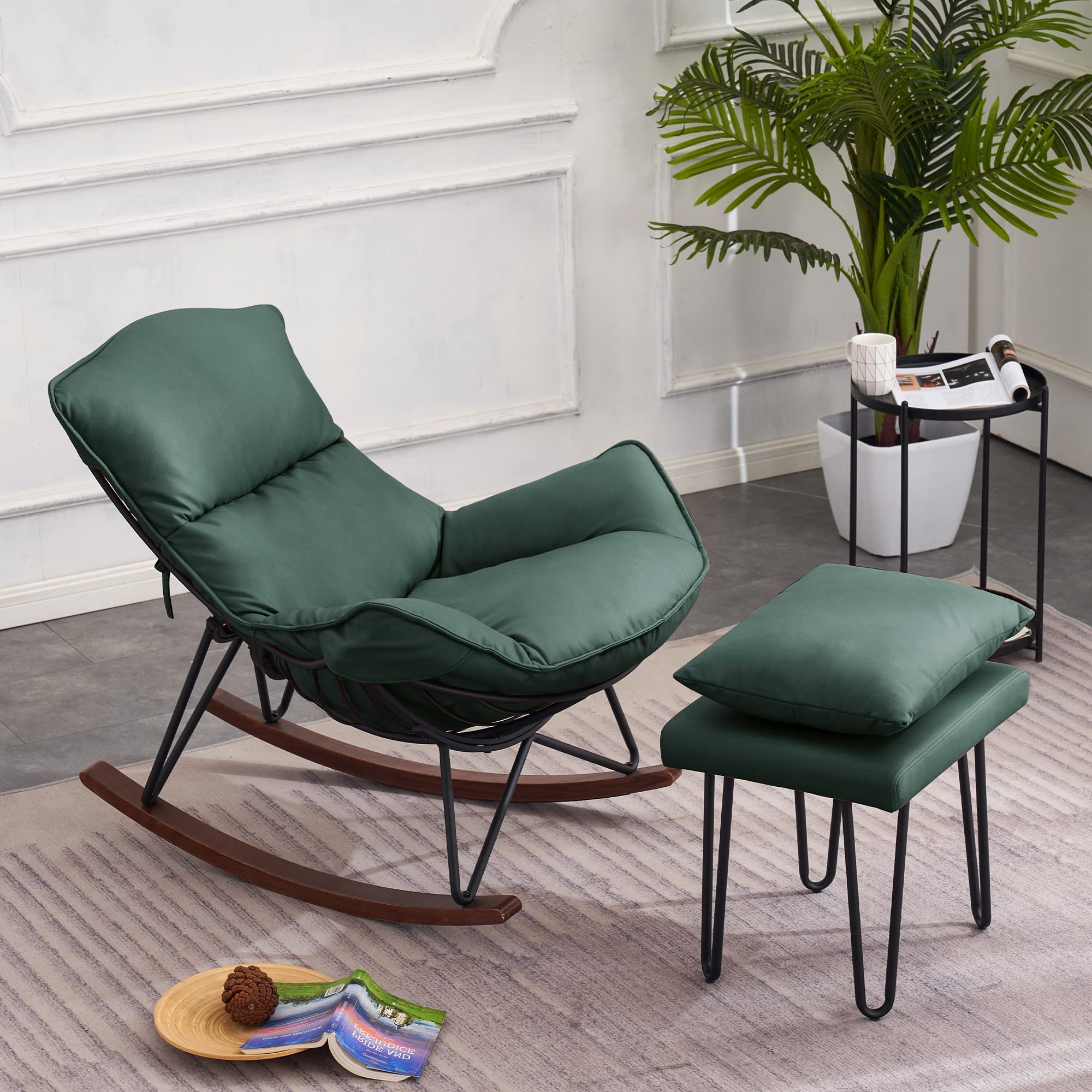 MCombo Modern Rocking Chair, Upholstered Glider Rocker Nursery Accent Chair with Ottoman, Comfy Reading Chairs for Living Room Bedroom Offices (Green)