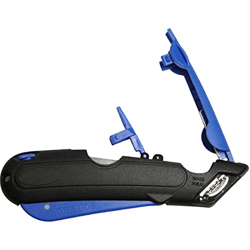 Veltec EZ-1000 Safety Box Cutter Utility Knife, 3 Blade Depth Setting, Squeeze Trigger and Dual Side Edge Guide, 2 Blades, Holster and Lanyard (Blue)