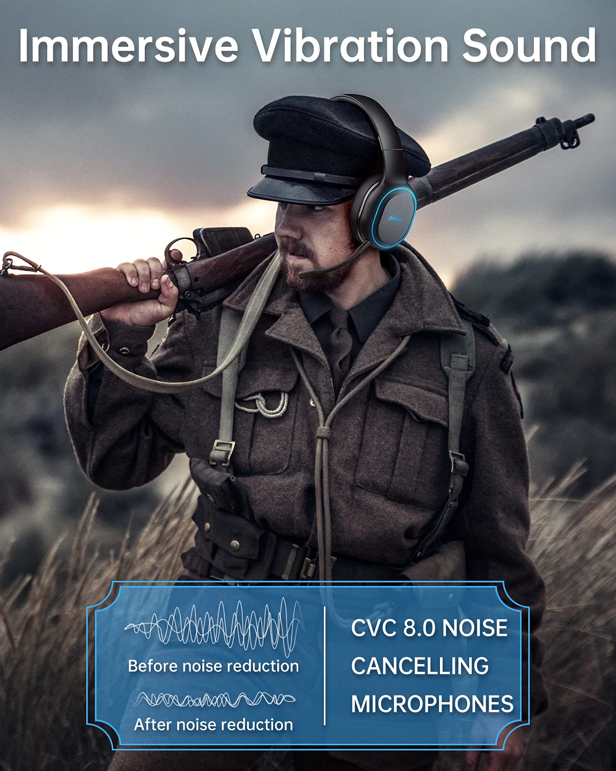 Picun P80-XH Bluetooth Gaming Headset, Dual-Driver Wireless Headphones Only for Phone, 3.5mm Cable Wired for X-Box, PS4, PS5, 30H Playtime with RGB Light, Hi-Fi Stereo Immersive Vibrating Gaming Sound
