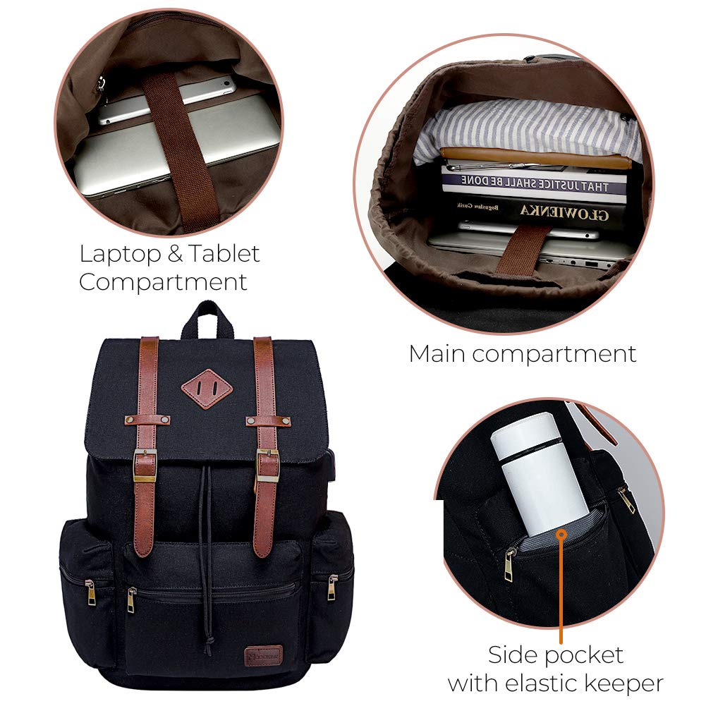 Modoker Mens Canvas Vintage Backpack for Men,Women, Travel Laptop Backpack Fits 17/15.6 Inch Computer & Tablet, Large Bookbag Rucksack Backpack with USB Charging Port, Black