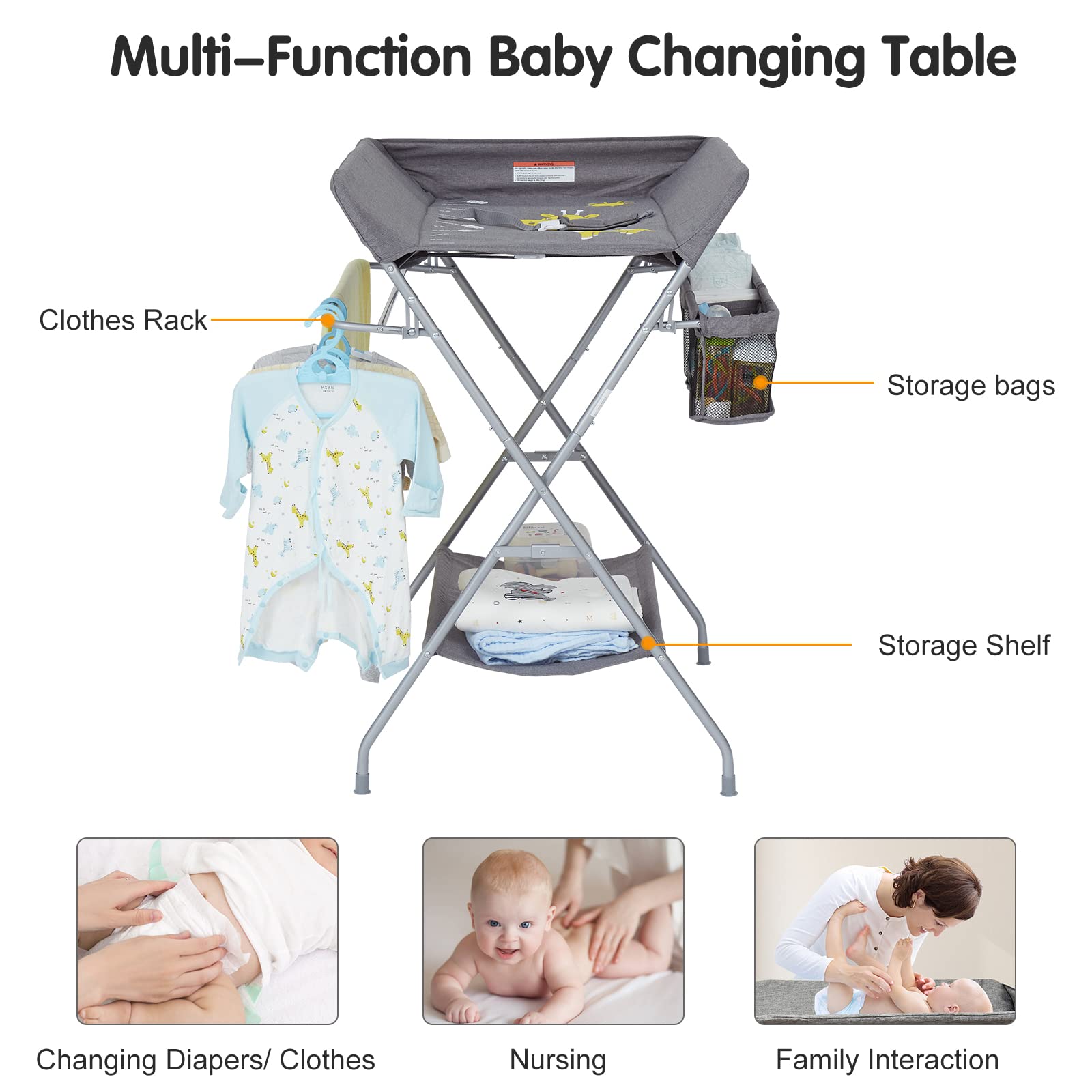 Kinbor Baby Changing Table, Folding Diaper Station Nursery Organizer for Infant