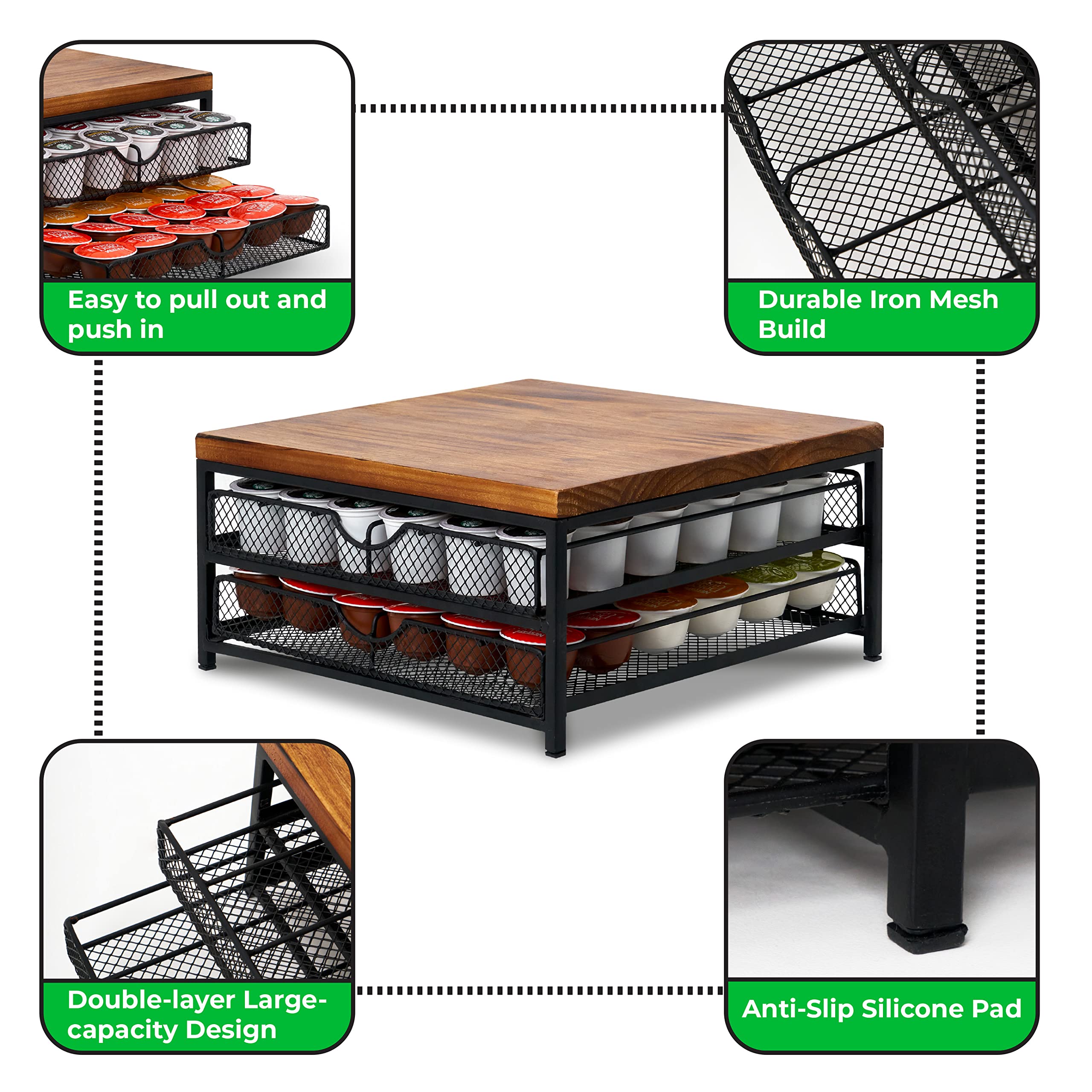 NHZ Coffee Pod Drawer Holder for K cup, 2-Tier Coffee Pod Drawer Holder Organizer, No Assembly Required, K Cup Holder with 72 Capacity Capsule Pods. K Cup Organizer Suit for Home Office,Kitchen