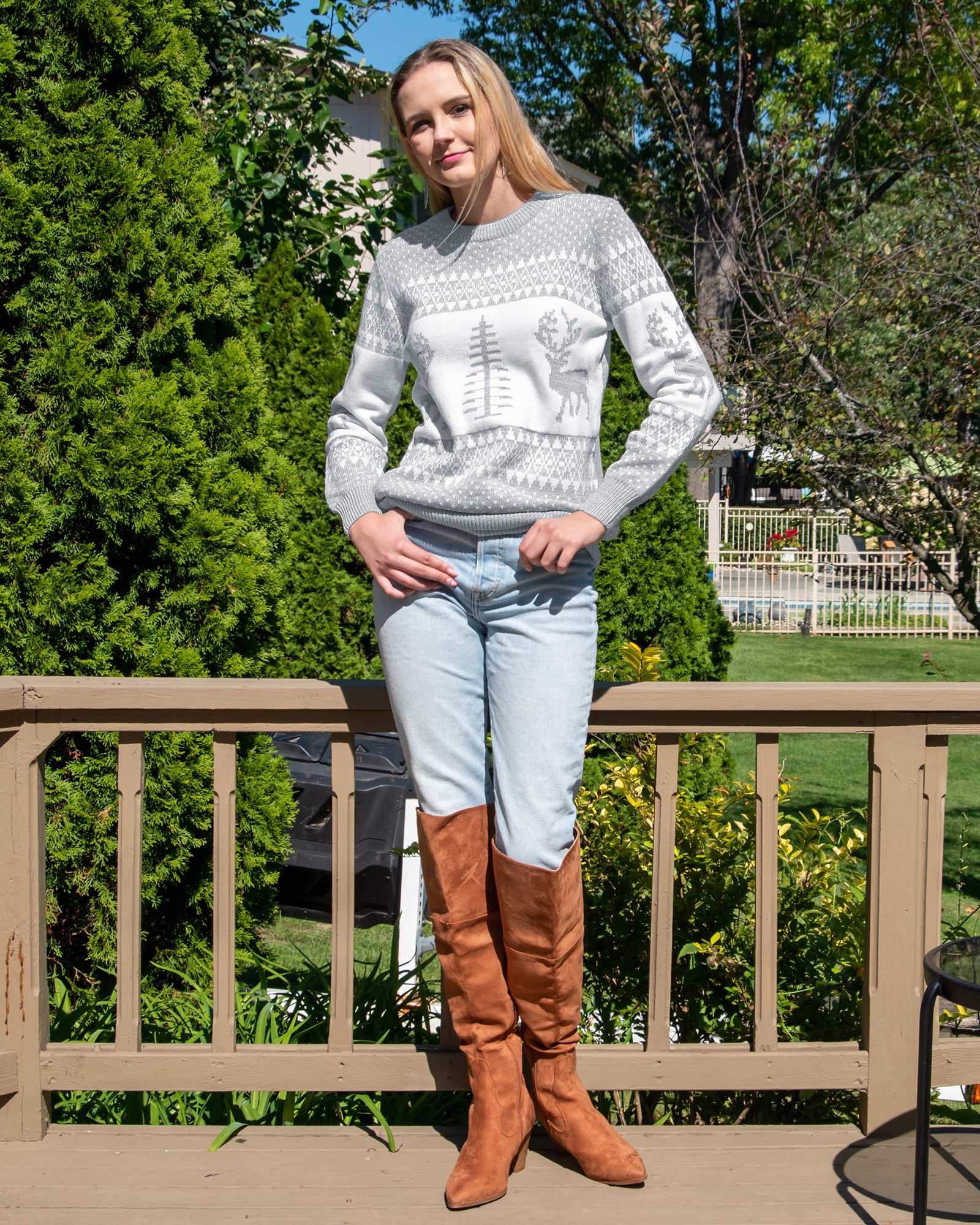 LookbookStore Women's Grey Long Sleeves Ugly Christmas Tree Reindeer Winter Holiday Knit Sweater Pullover Size S 4 6