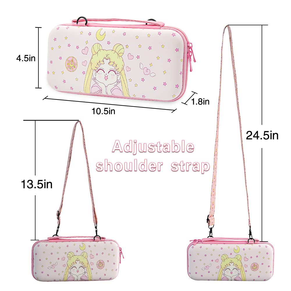 NocksyDecal Carrying Case Compatible with Nintendo Switch & OLED Mode, Cute Pink Sailor Moon Accessories Portable Travel Case with Shoulder Strap for Switch Hard Carry Case for Girls