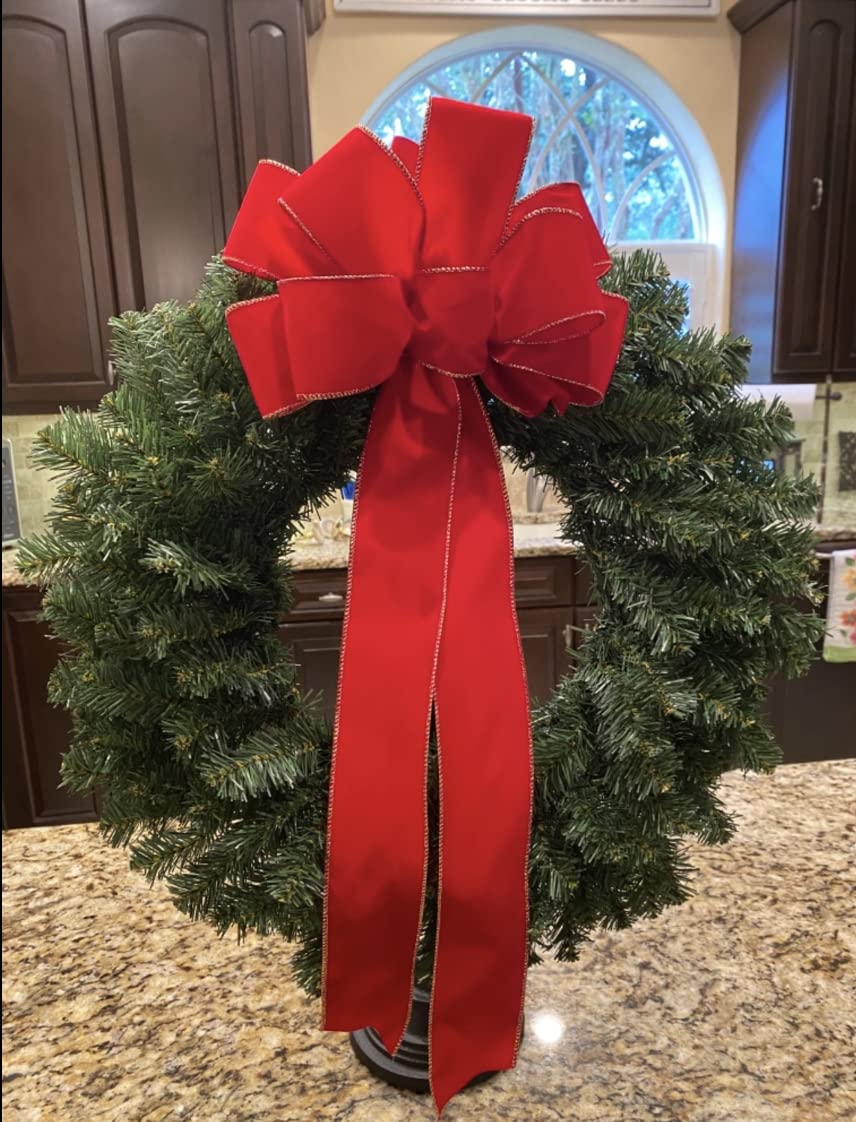 Rocky Mountain Goods 10β x 26β Christmas Red Bow with Gold Edges - Indoor/Outdoor Bow for Wreaths, Tree Topper, Door, Post (1)