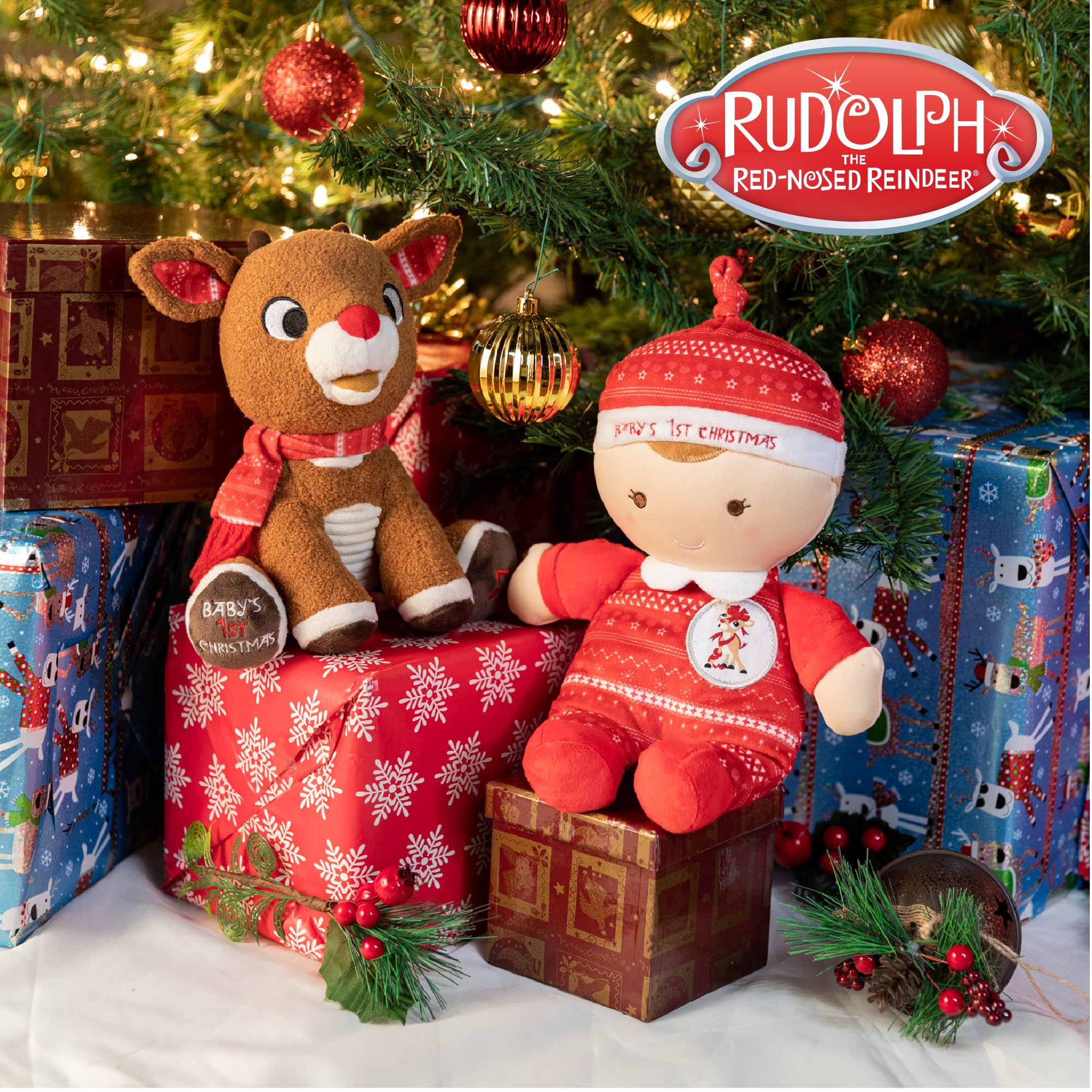 KIDS PREFERRED Santa Claus Rudolph The Red-Nosed Reindeer Musical Stuffed Animal, Baby's First Christmas Plush, 8 Inches