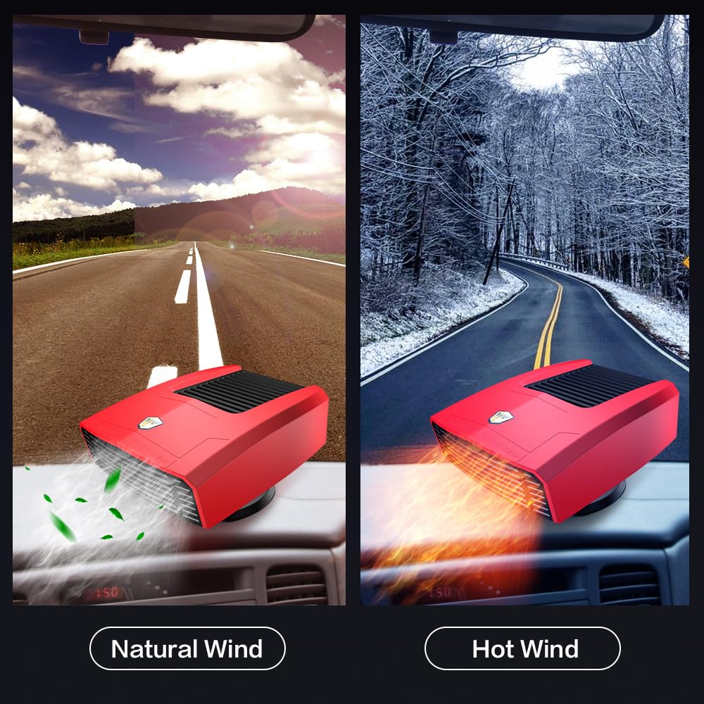KUTUKU Car Defogger Defroster 2-in-1 Portable Car Fan with Air Purification 12V 150W Fast Heating Quickly Auto Heater Cooling Fan Automobile Windscreen Fan in Cigarette Lighter (Red)