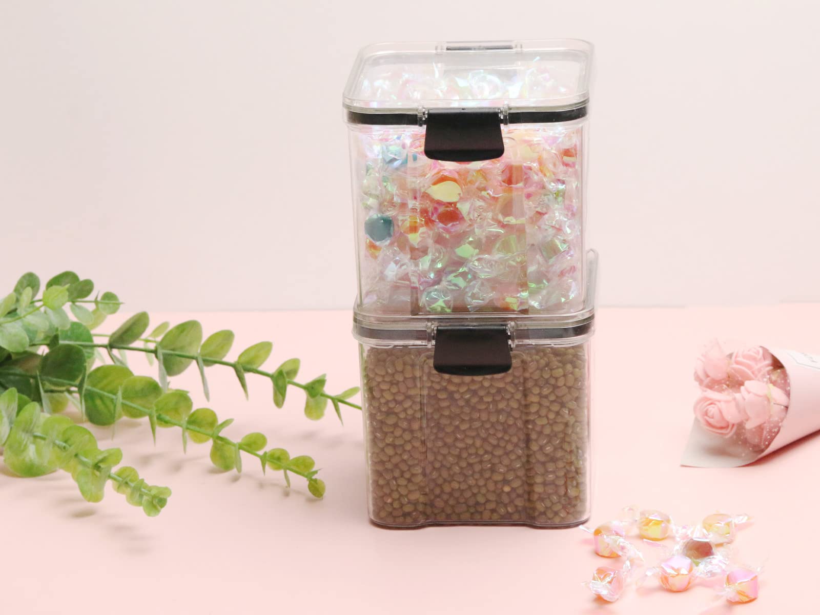 PQZKLDP 2pcs Airtight Food Storage Containers 0.7L(23.7OZ)-with Lids BPA Free Clear Plastic Kitchen and Pantry Organization Canisters for Cereal, Dry Food Flour & Sugar - Labels, Marker & Spoon Set