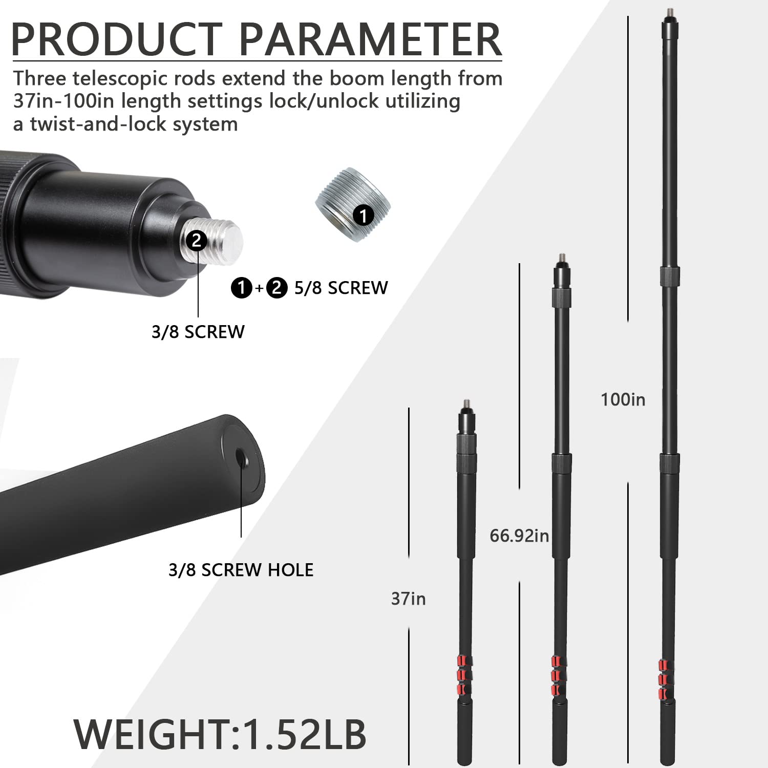 Portable Handheld Boom Pole for Shotgun Mic, 3-Section Extendable Microphone Arm for Filming with 3/8" and 5/8" Threads, 3ft to 8.3ft Adjustable Length