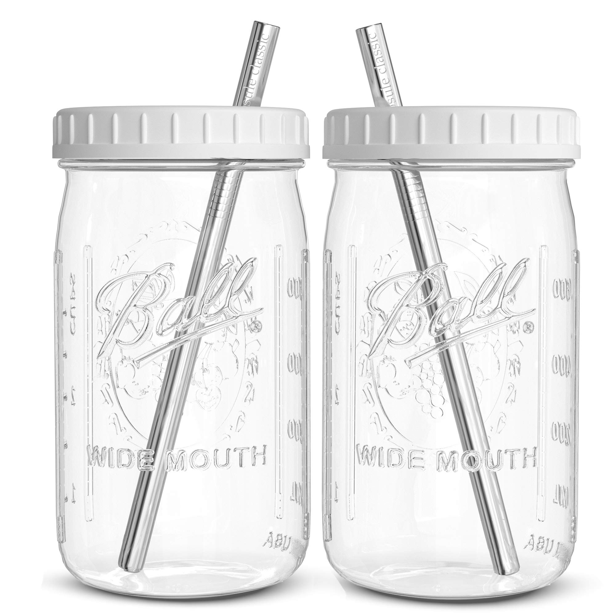 Reusable Wide Mouth Smoothie Cups Boba Tea Cups Bubble Tea Cups with Lids and Silver Straws Mason Jars Glass Cups (2-pack, 32 oz mason jars)