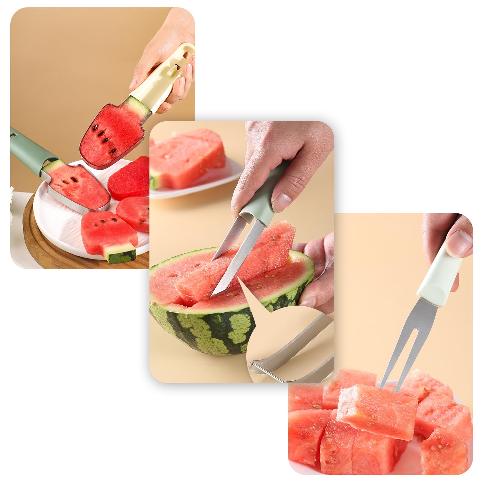Zhaolie 3-in-1 Watermelon Fork Slicer Cutter,Stainless Steel Watermelon Popsicle Cutter Watermelon Cutter Slicer Tool Melon Cutter Knife Portability Fruit Fork Set for Camping Kitchen Gadgets, Green