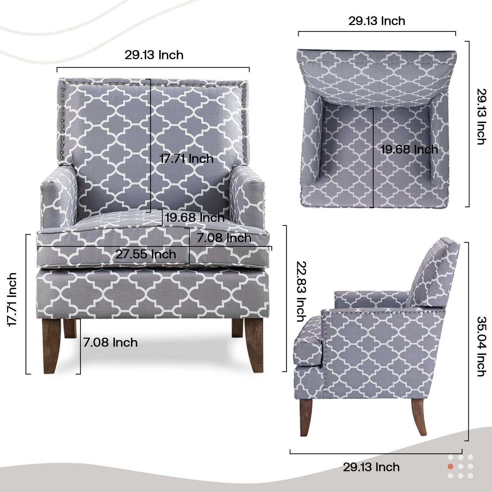 KUVENQIW Modern Accent Chairs,Nailhead Trim Club Chair,Linen Fabric Sofa Chair,Upholstered Button Tufted Armchair,Reading Chair (Grey Pattern)