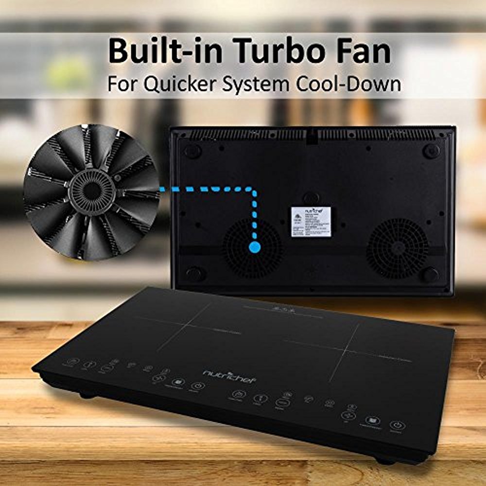 NutriChef Double Induction Cooktop - Portable 120V Digital Ceramic Dual Burner w/ Kids Safety Lock - Works with Flat Cast Iron Pan,1800 Watt,Touch Sensor Control, 12 Controls - PKSTIND48, Black